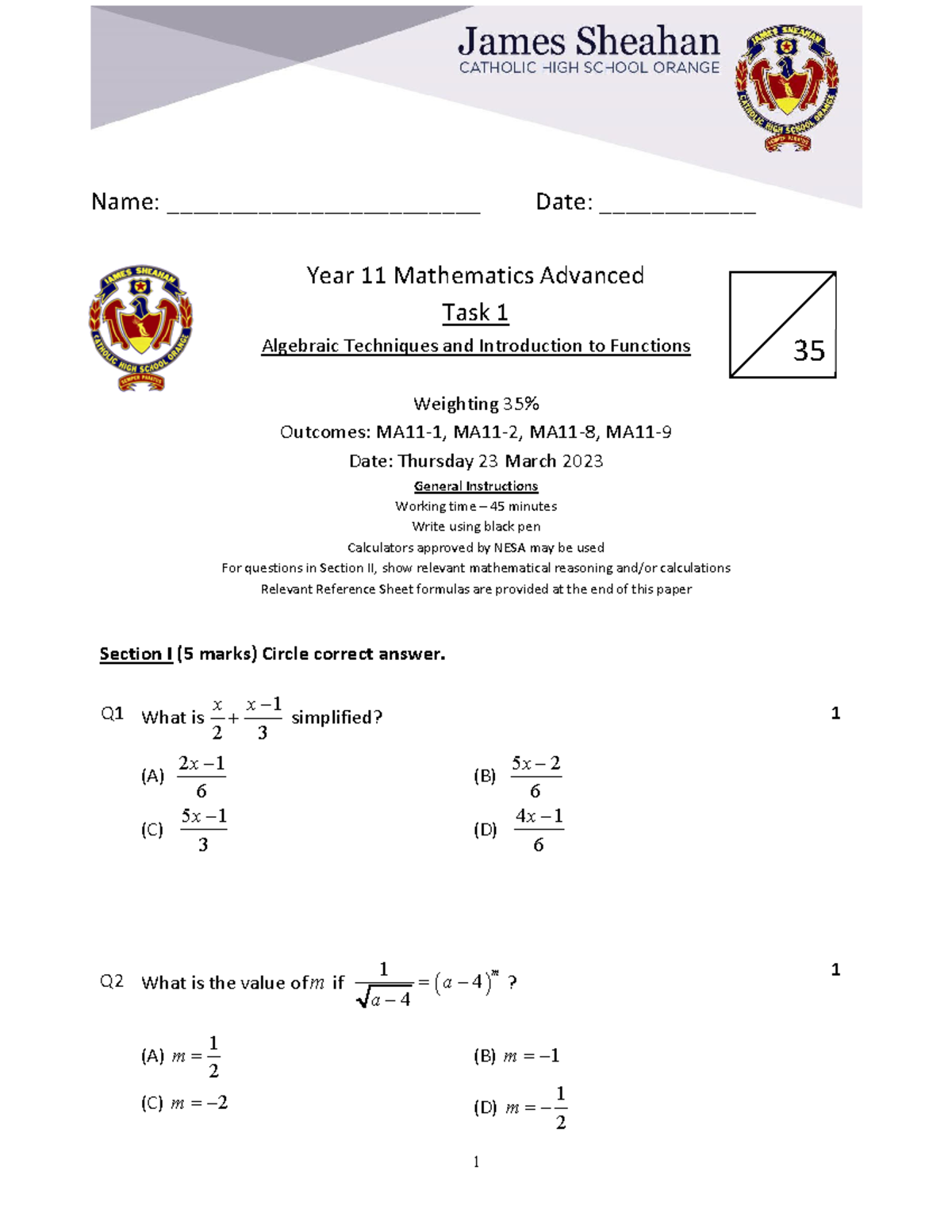 2023 Task 1 - Task from 2023 - Name: ________________________ Date ...