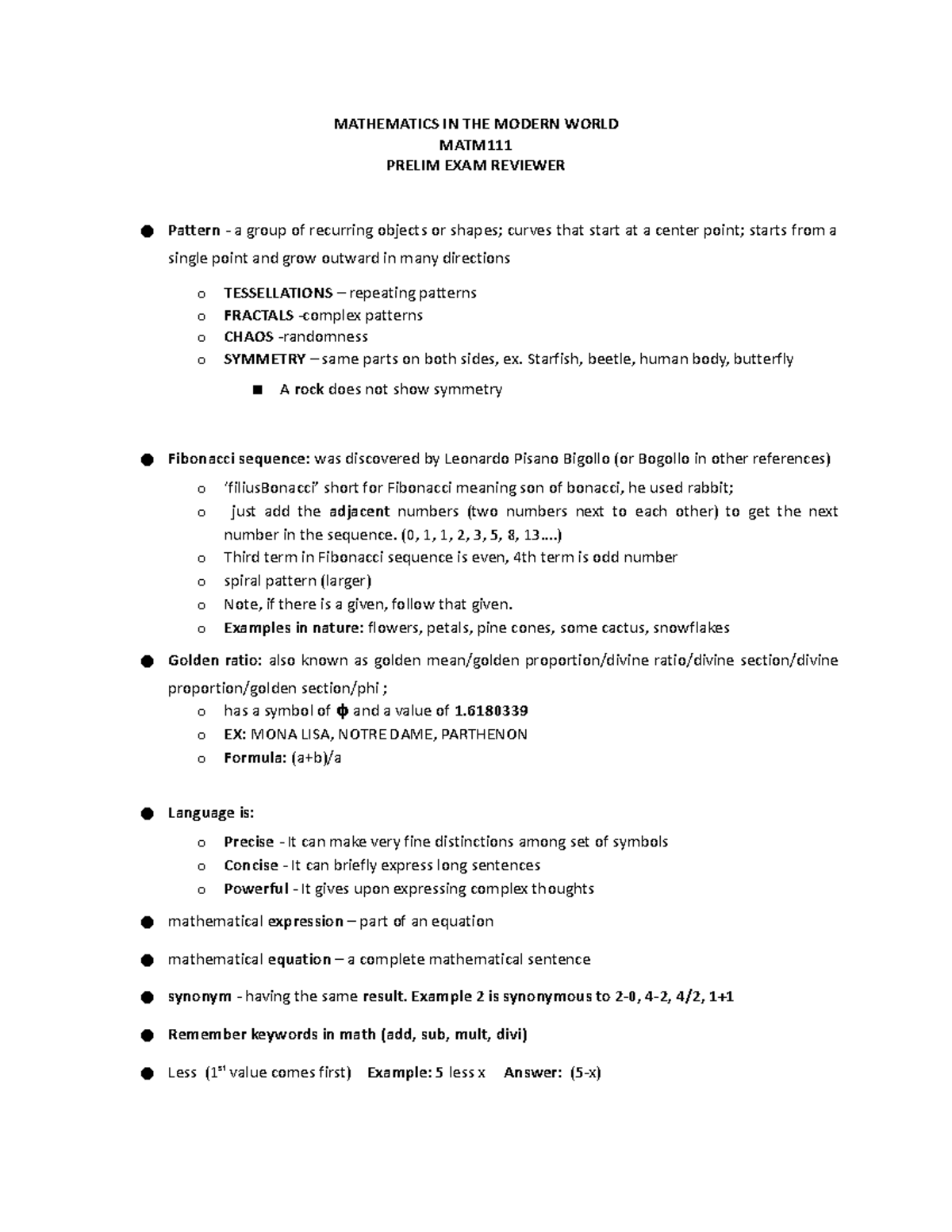 Prelim Reviewer MATM111 - MATHEMATICS IN THE MODERN WORLD MATM PRELIM EXAM REVIEWER Pattern - a ...