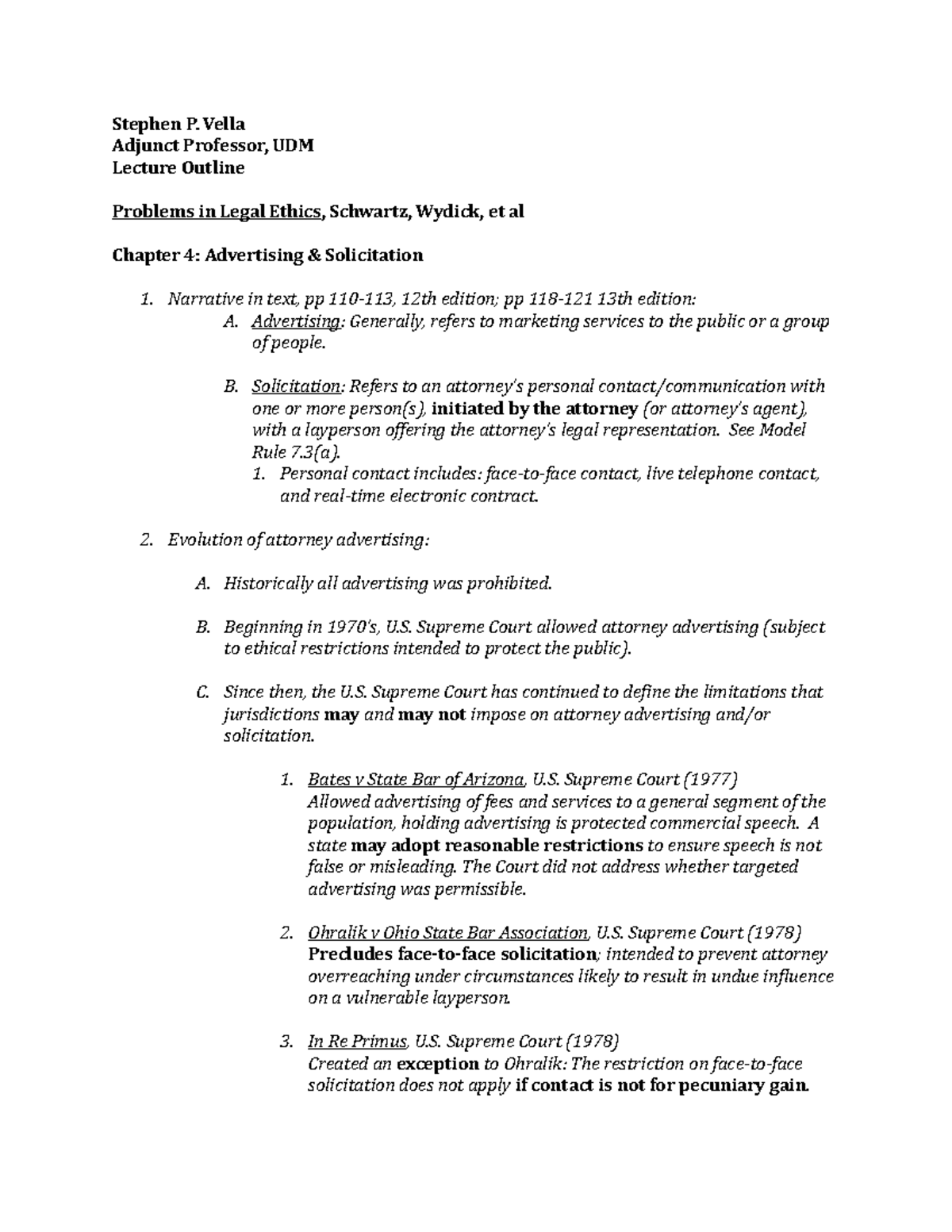 Chapter 4 Outline - .... - Stephen P. Vella Adjunct Professor, UDM ...