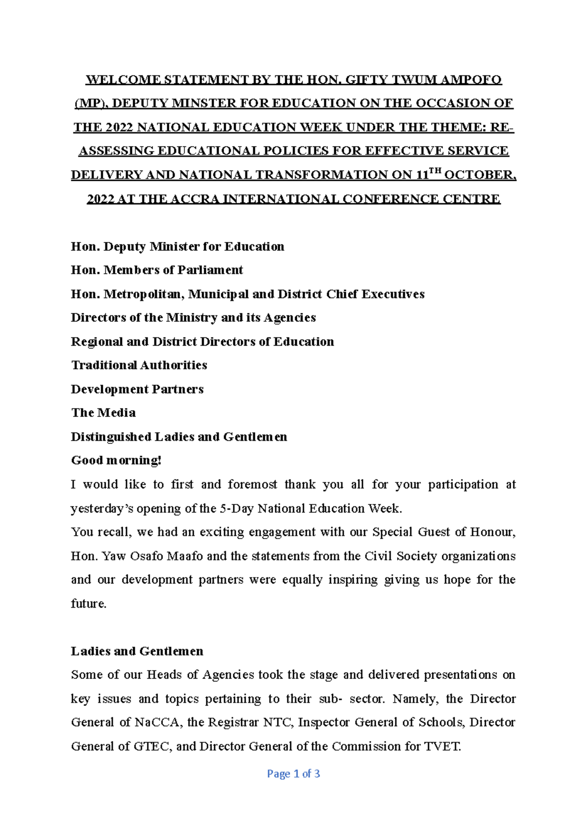 Day 2 Welcome Statement by Deputy Minister - WELCOME STATEMENT BY THE ...