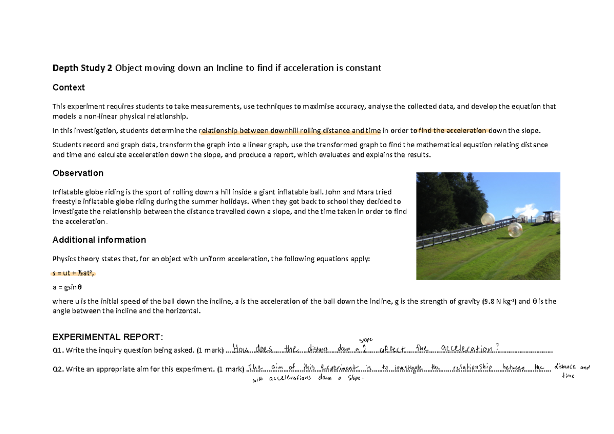 Depth Study 2 Acceleration down incline - Depth Study 2 Object moving ...