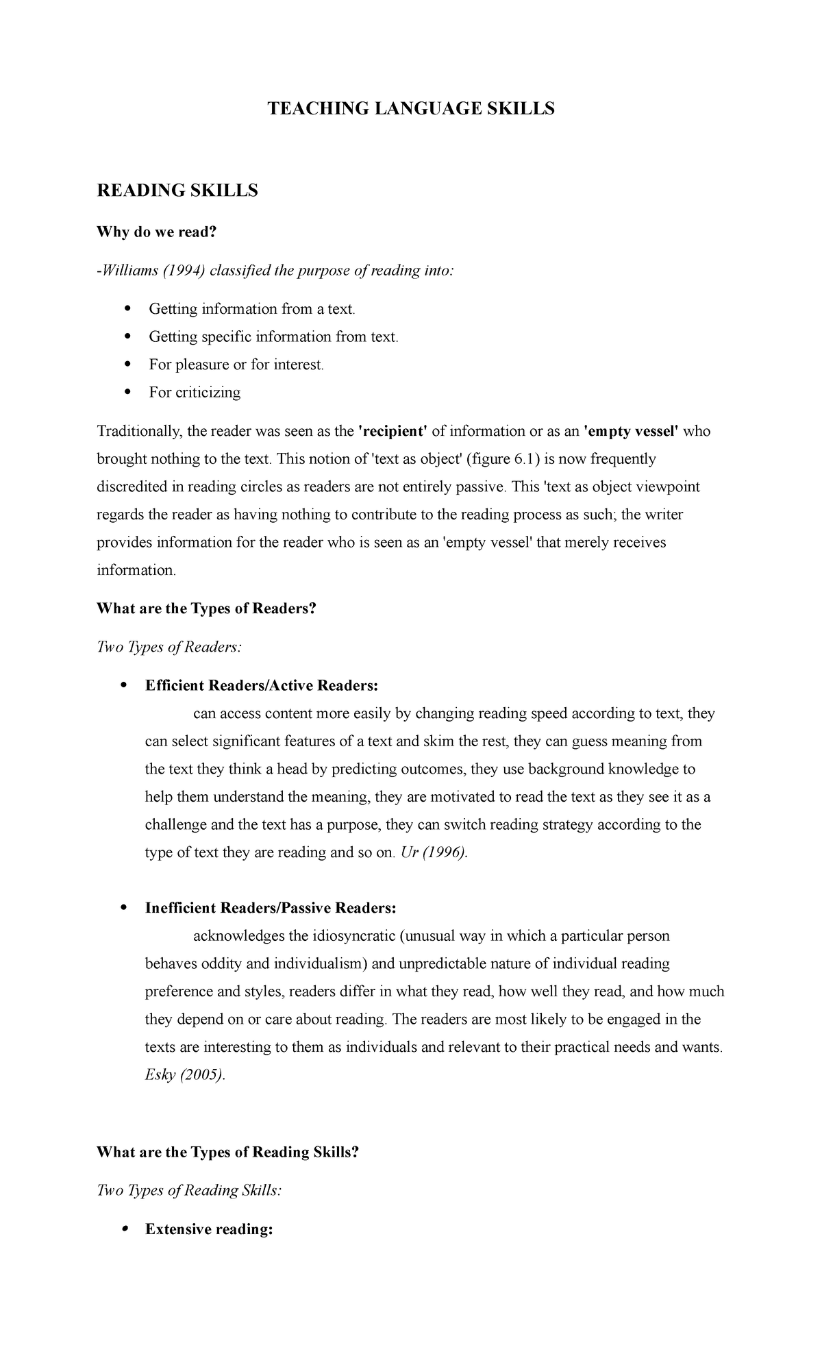 Teaching Language Skills - TEACHING LANGUAGE SKILLS READING SKILLS Why ...