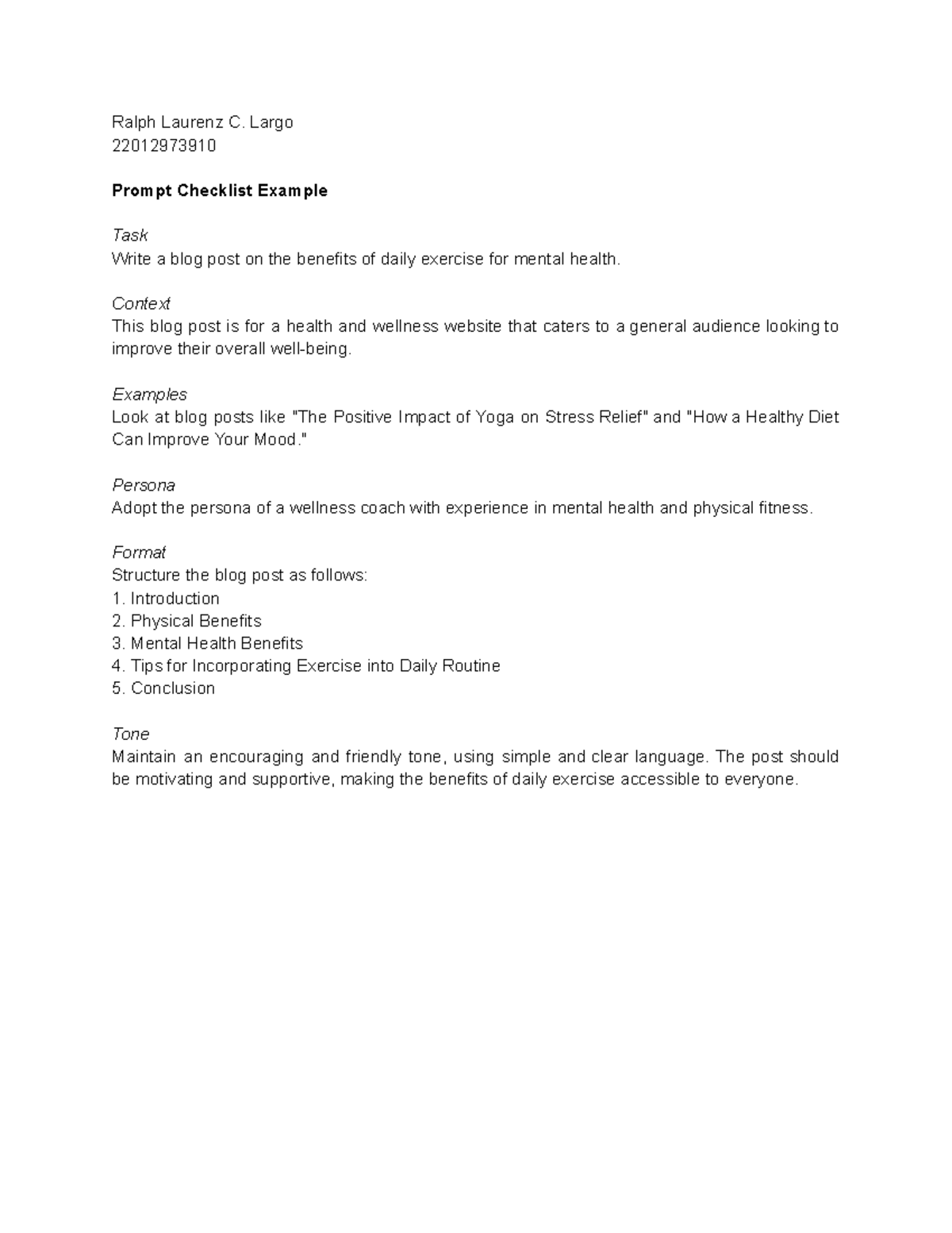 AI Fundamentals - Ralph Laurenz C. Largo 22012973910 Prompt Checklist ...
