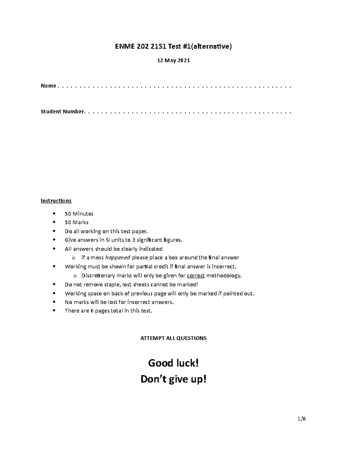 2021 Alternative test 1 answers - ENME 202 21S1 Test #1(alternative) 12 ...