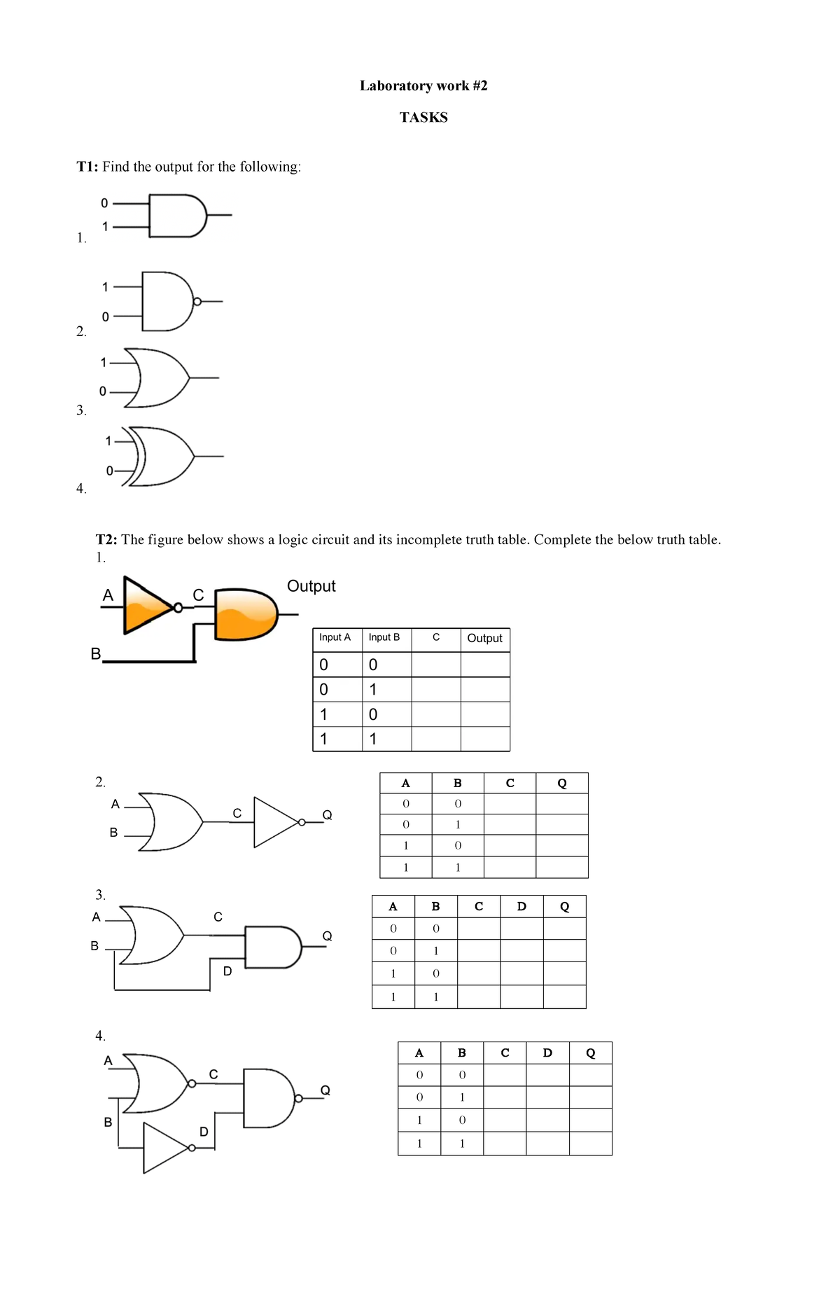 Laboratory work 2 - 2. 3. 4. T2: The figure below shows a logic circuit and its incomplete truth ...