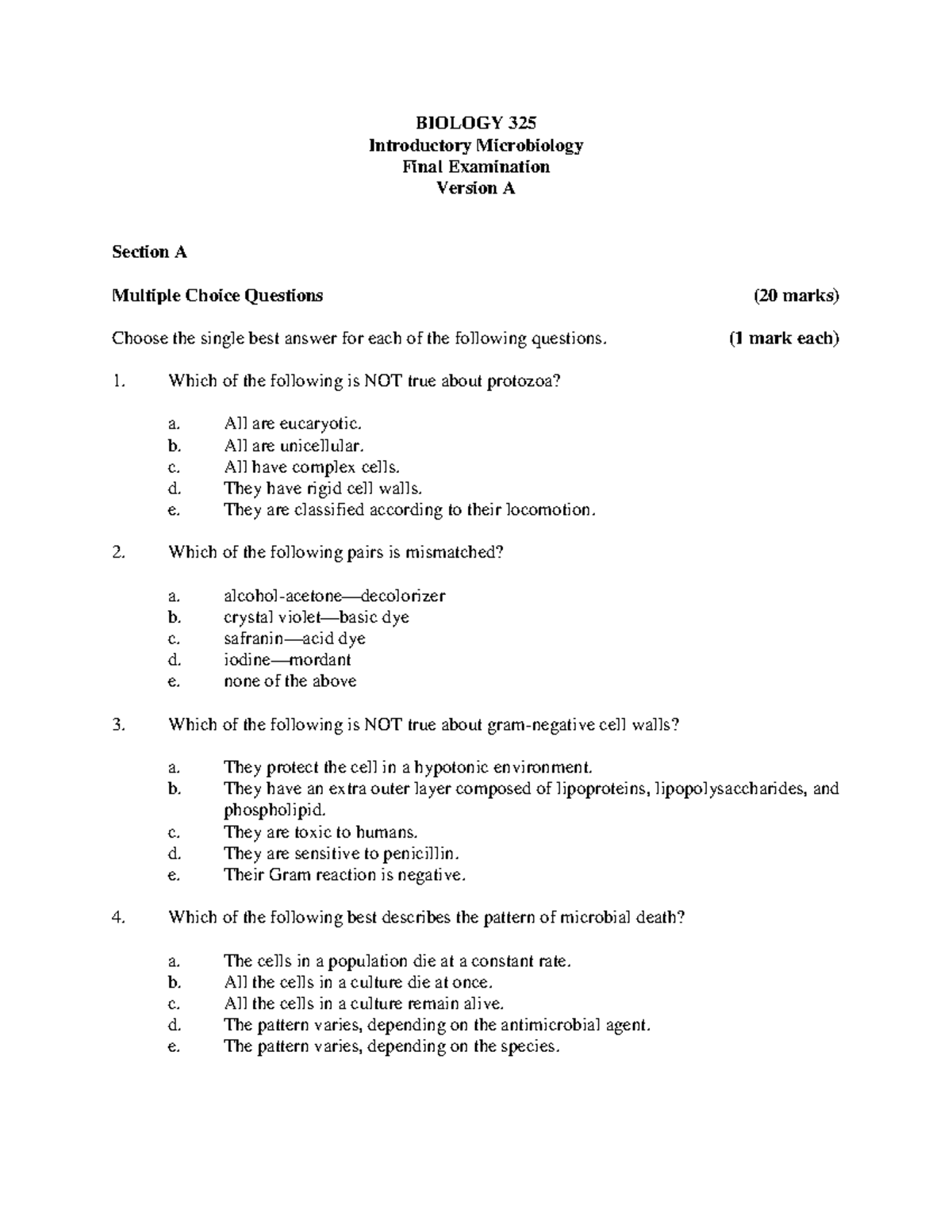 BIOL325 sample final exam - BIOLOGY 325 Introductory Microbiology Final ...