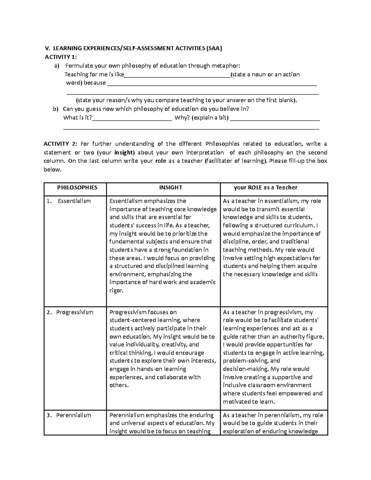 Smvm - Lesson 7 - Philos, Activit - V. LEARNING EXPERIENCES/SELF-ASSESSMENT ACTIVITIES (SAA ...
