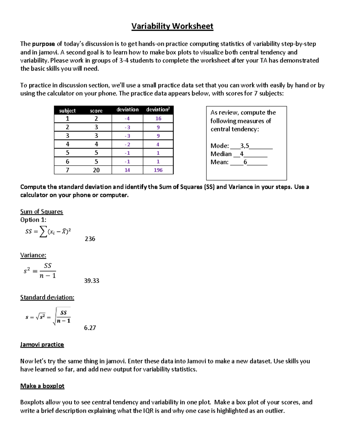 Variability Worksheet student - Variability Worksheet The purpose of today’s discussion is to ...