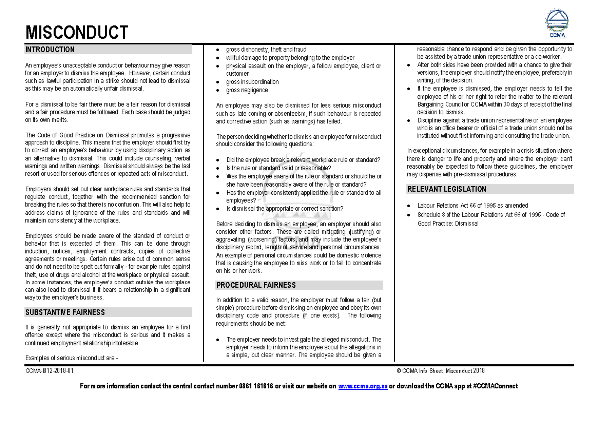 Misconduct Info Sheet 2018 01 - MISCONDUCT CCMA-I812- 2018 - 01 © CCMA ...