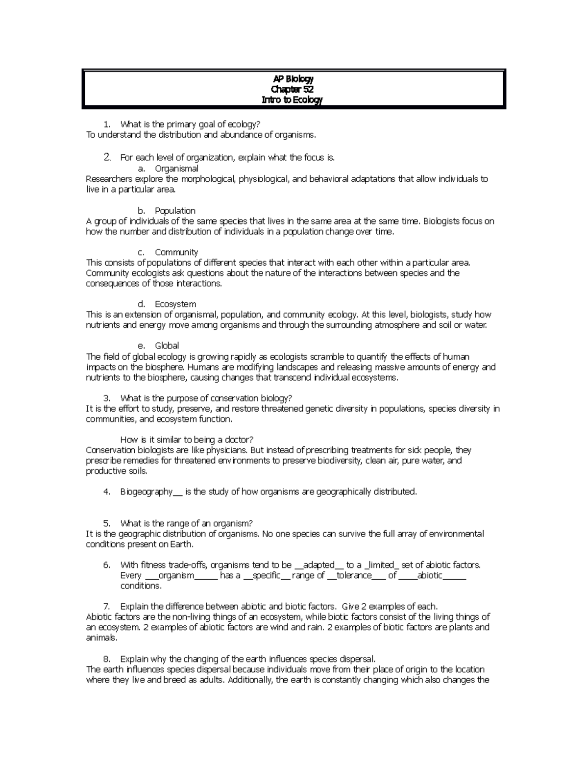 Ecology Review Notes AP Biology Chapter 52 Intro To Ecology What Is