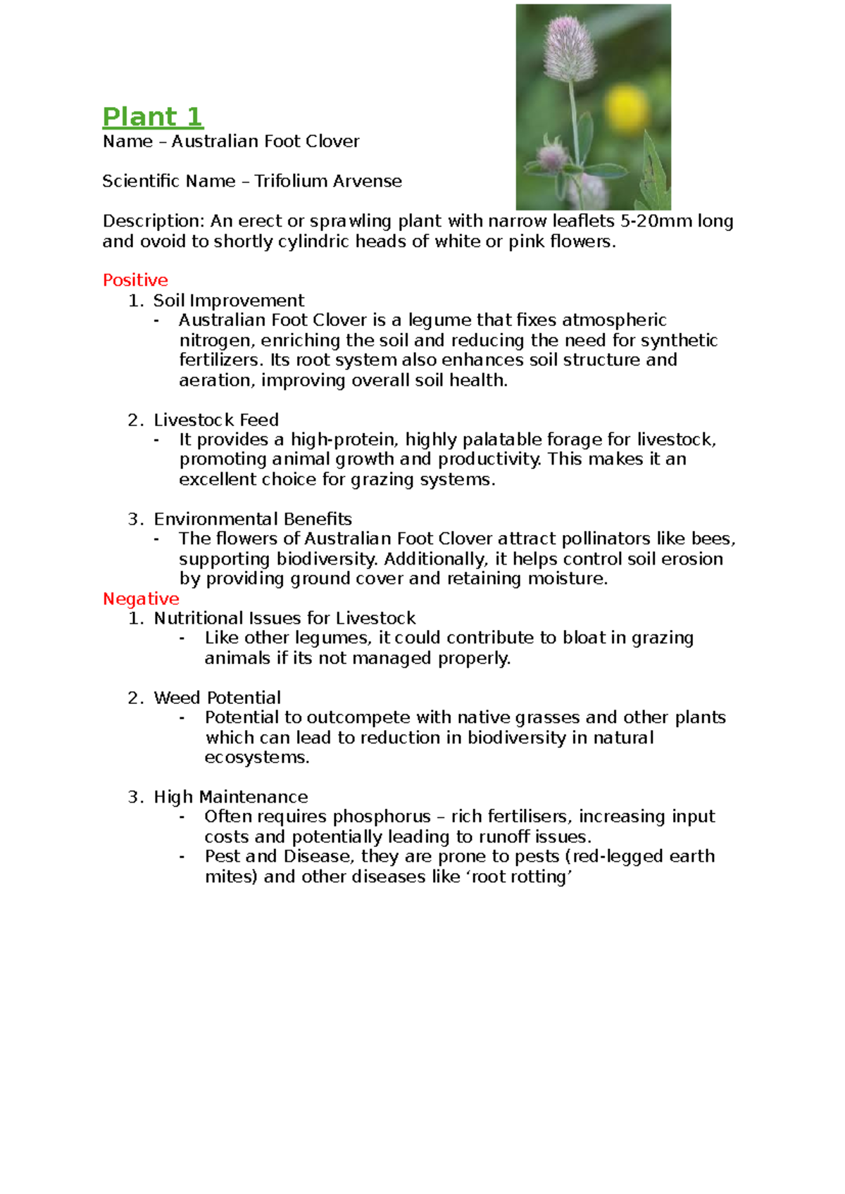 Agriculture - Formative and Study - Name – Australian Foot Clover ...
