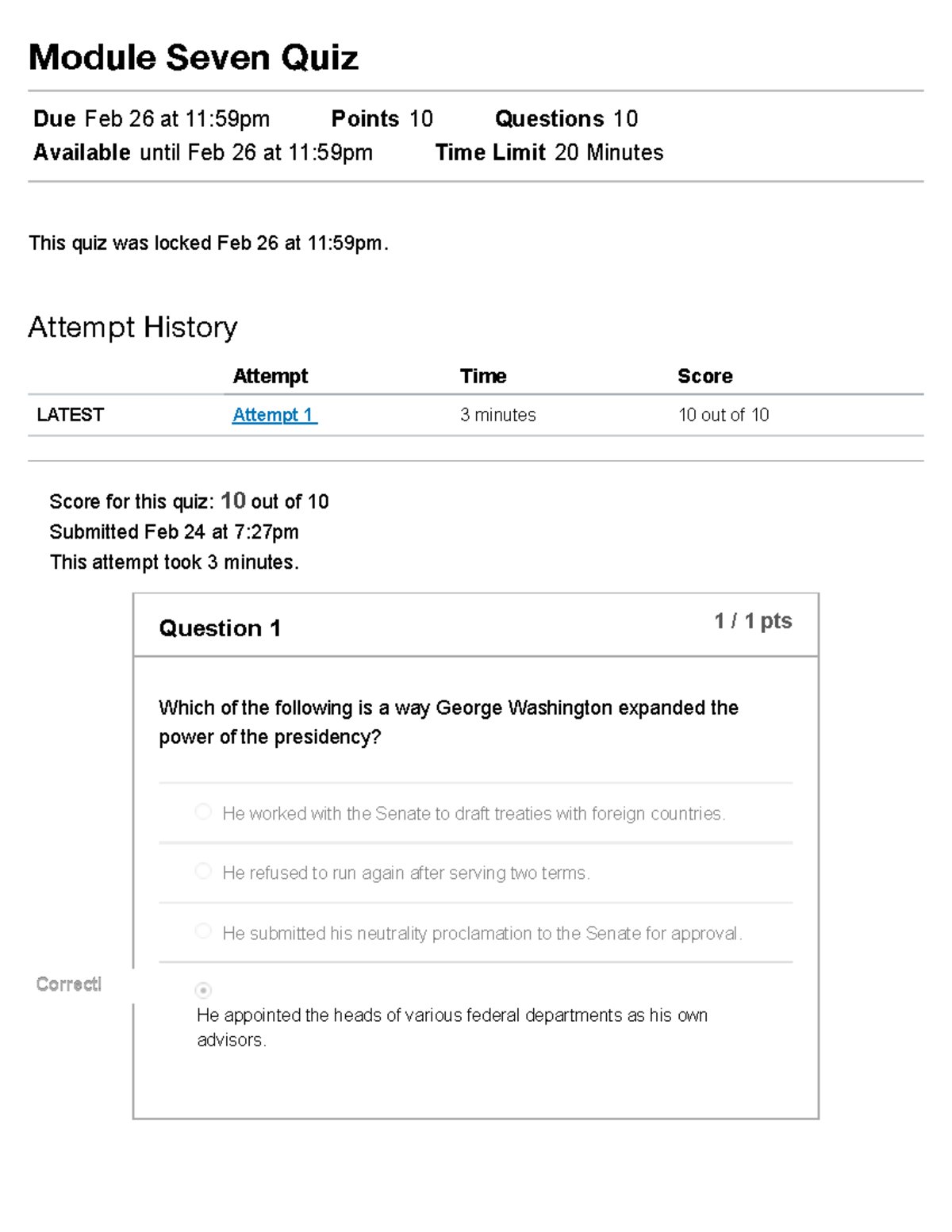 Module Seven Quiz - Module Seven Quiz Due Feb 26 at 11:59pm Points 10 ...