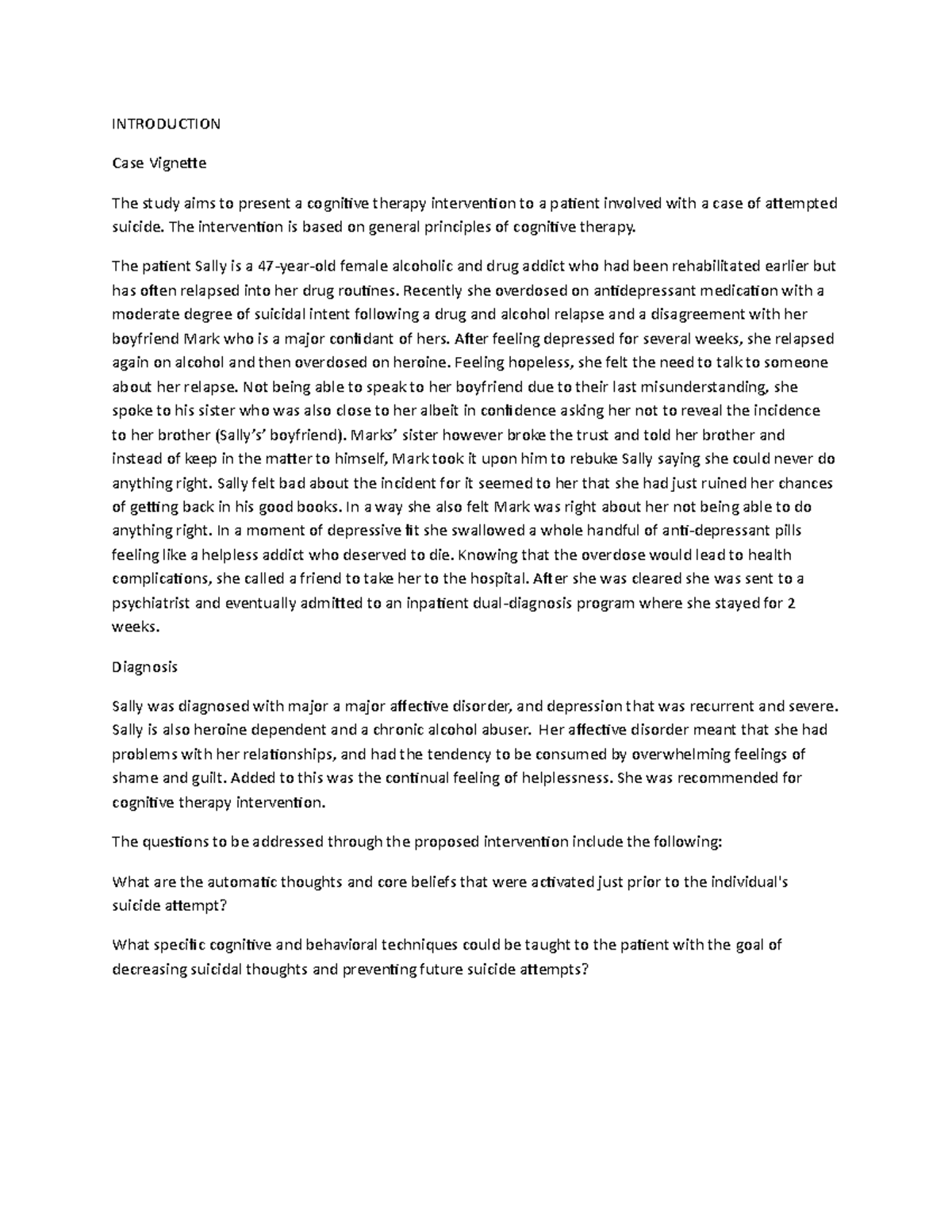 Case Study - INTRODUCTION Case Vignette The study aims to present a ...