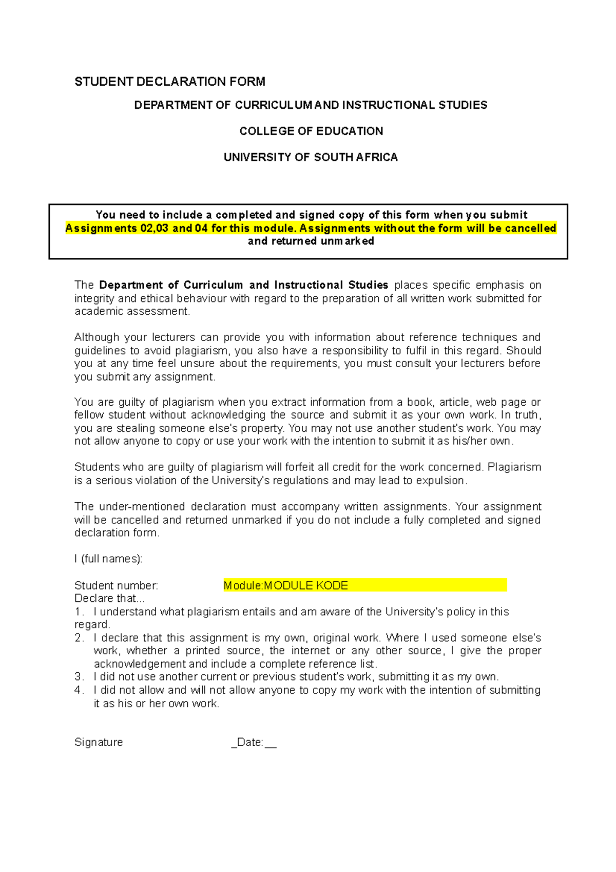 Declaration FORM - notes - STUDENT DECLARATION FORM DEPARTMENT OF ...