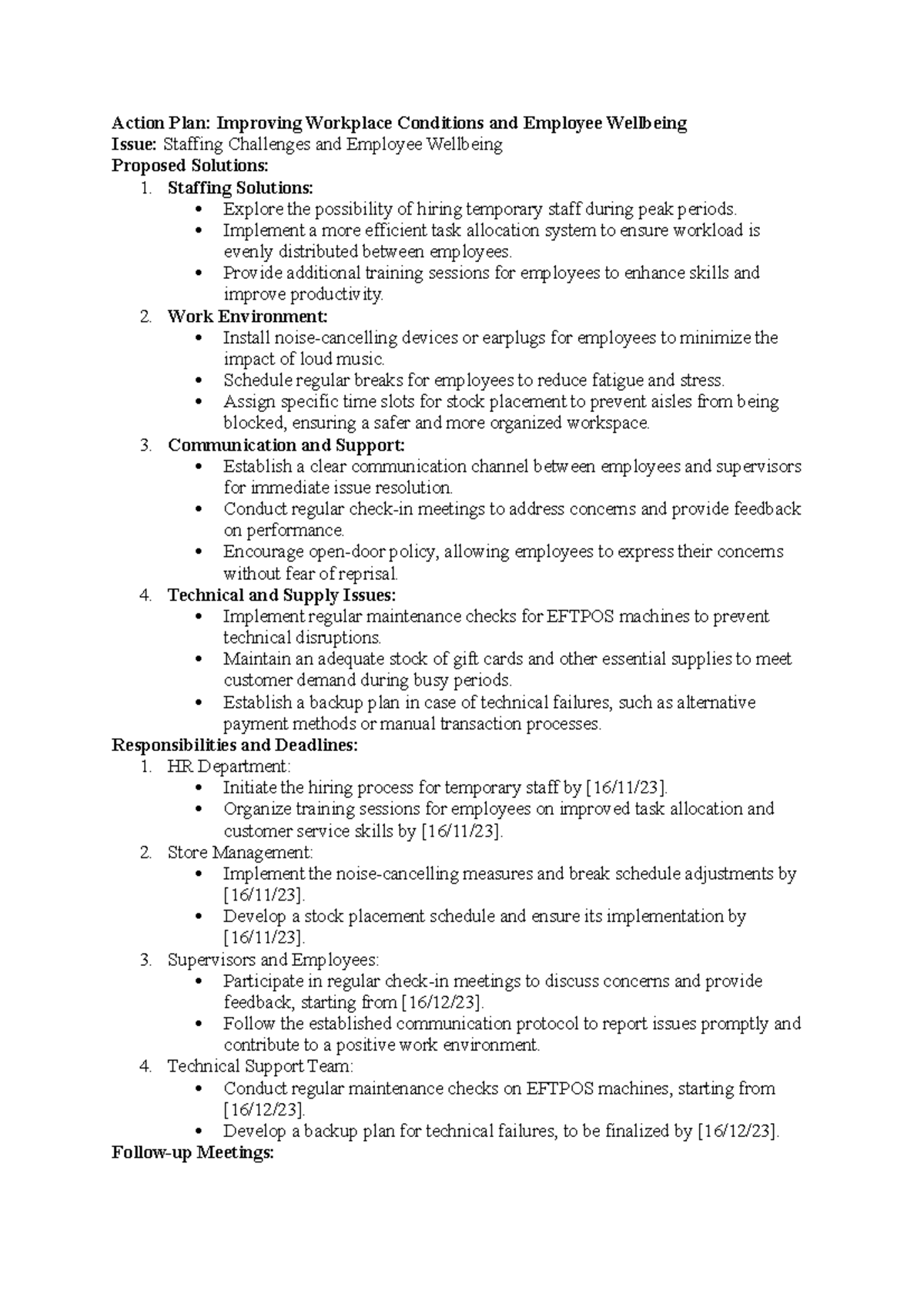 Action PLAN 1 - assignment - Action Plan: Improving Workplace ...
