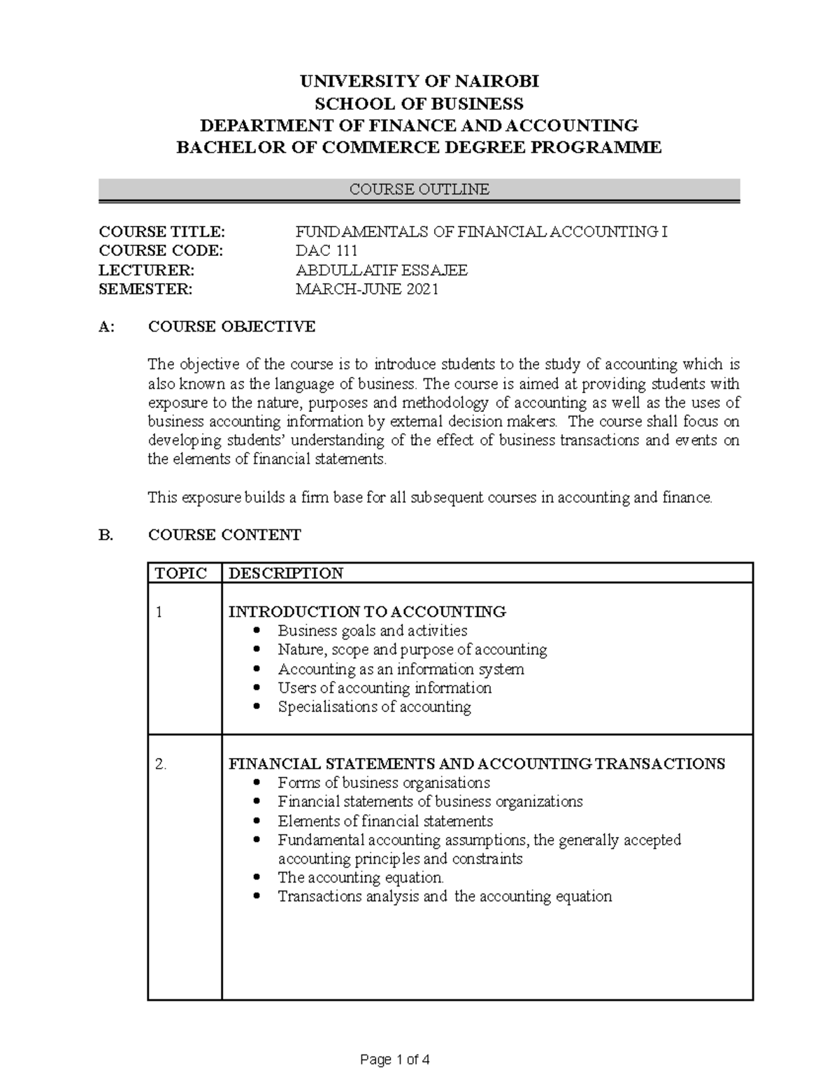 DAC 111 Course Outline - UNIVERSITY OF NAIROBI SCHOOL OF BUSINESS ...