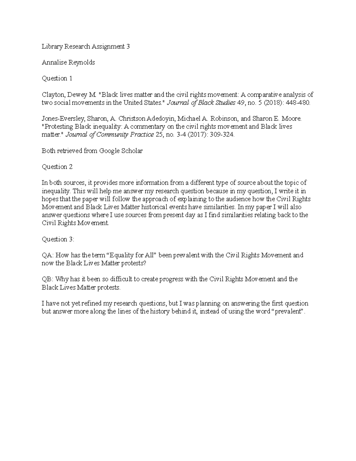 LRA #3 - n/a - Library Research Assignment 3 Annalise Reynolds Question ...