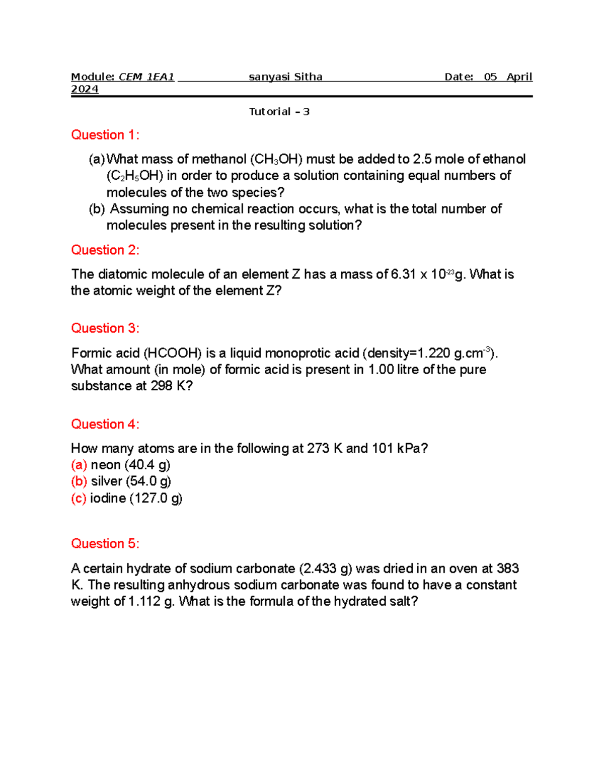 Tutorial 3 CEM1EA1 2024 - Module: CEM 1EA1 sanyasi Sitha Date: 05 April ...