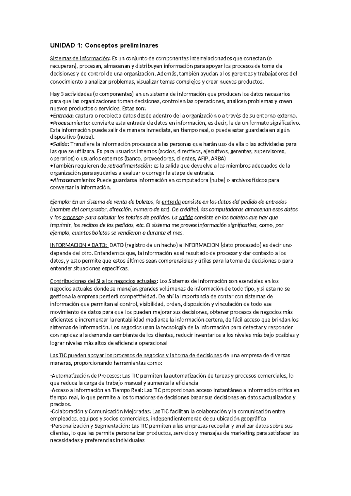 resumen 1 parcial Sistemas - UNIDAD 1: Conceptos preliminares Sistemas de información: Es un ...