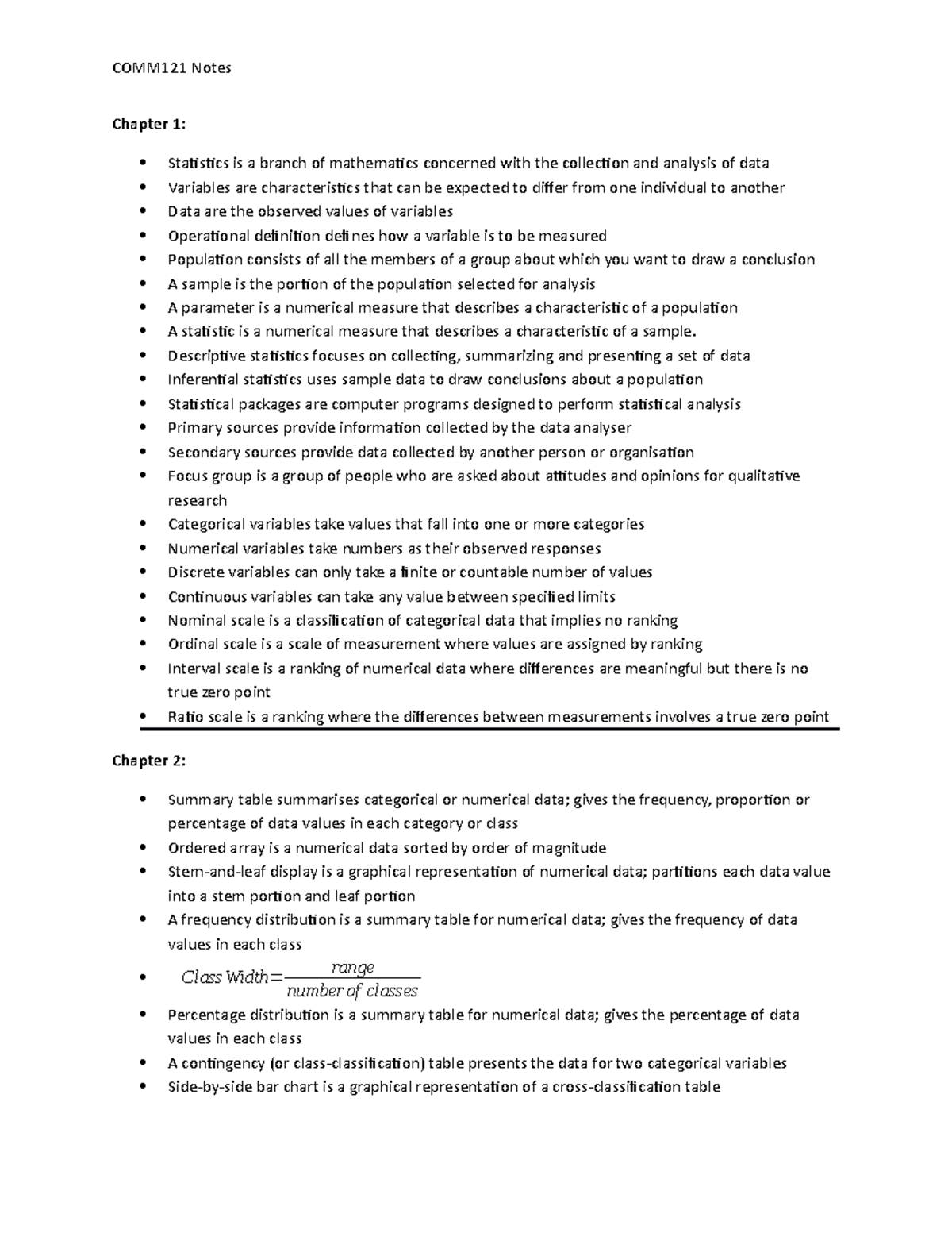 COMM121 Notes - COMM121 Notes Chapter 1: Statistics is a - Studocu