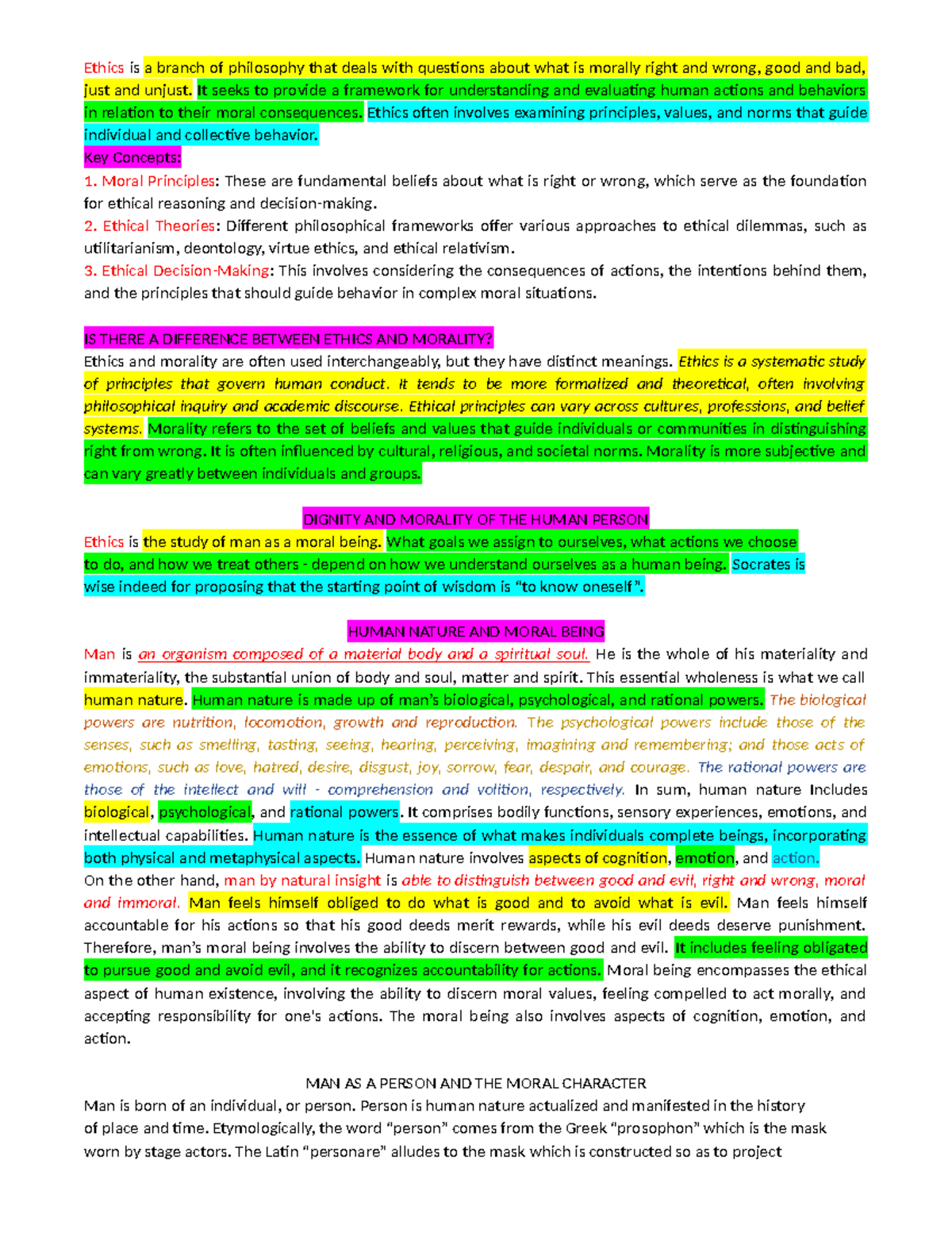 Gen 006-P1 - Summary topics for Ethics - Ethics is a branch of ...