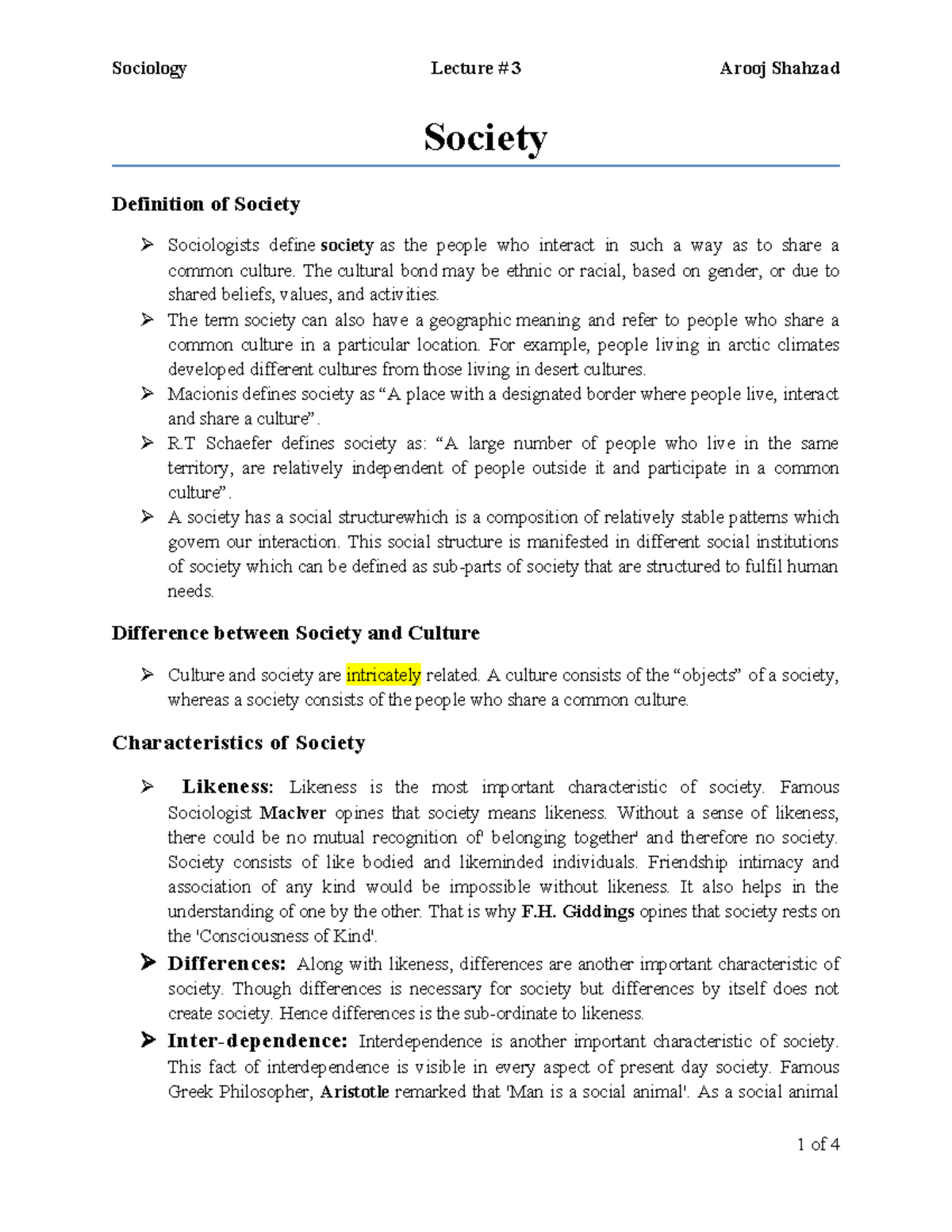 Lecture 3 sociology - Society Definition of Society Sociologists define ...