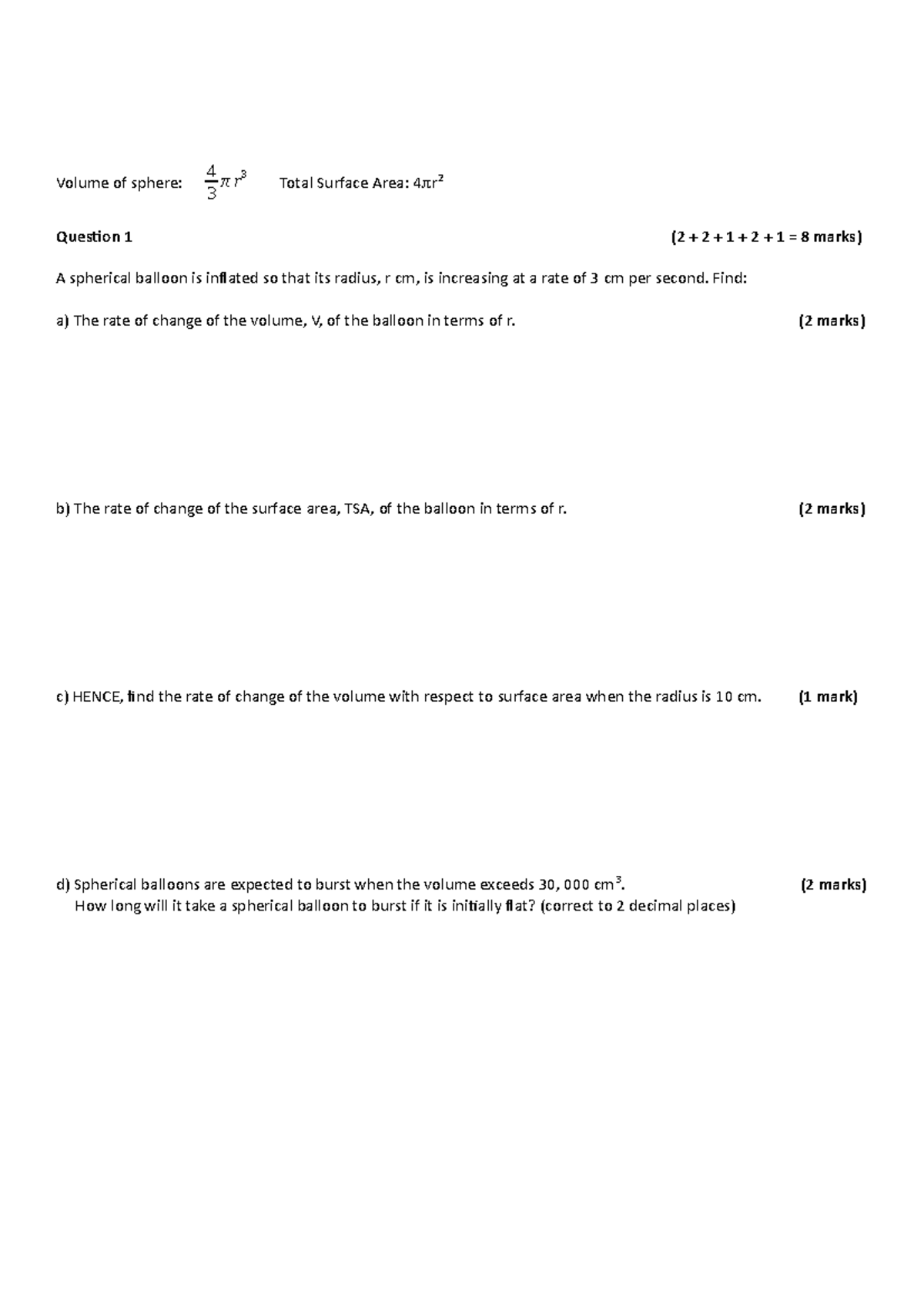 Practise SAC 2 No Calculator - Volume of sphere: 4 3 πr 3 Total Surface ...
