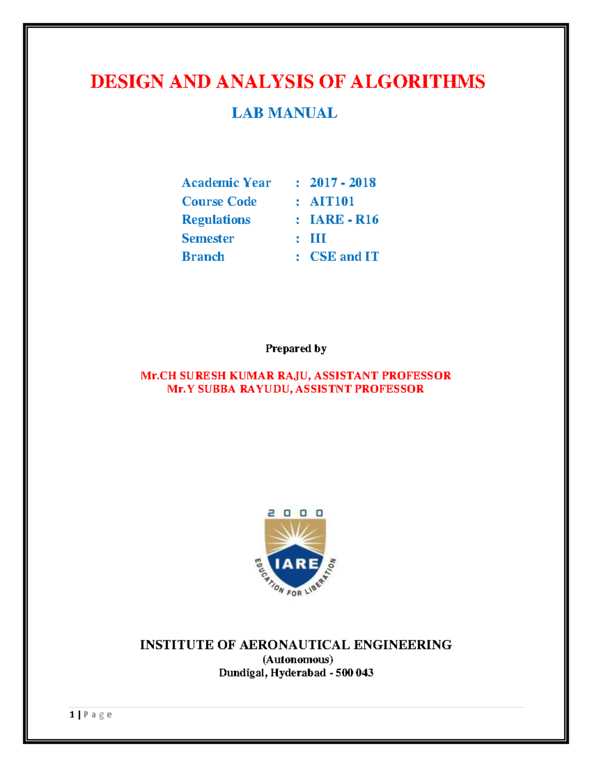 DAA LAB Manual Sample - ;uoiyltkuyjt - DESIGN AND ANALYSIS OF ALGORITHMS LAB MANUAL Academic ...