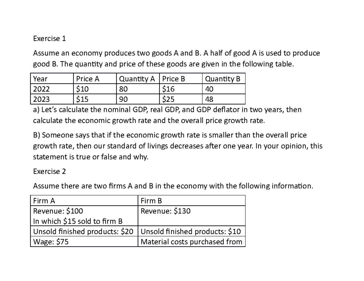 Week 1 GDP - gOOD - Exercise 1 Assume an economy produces two goods A ...