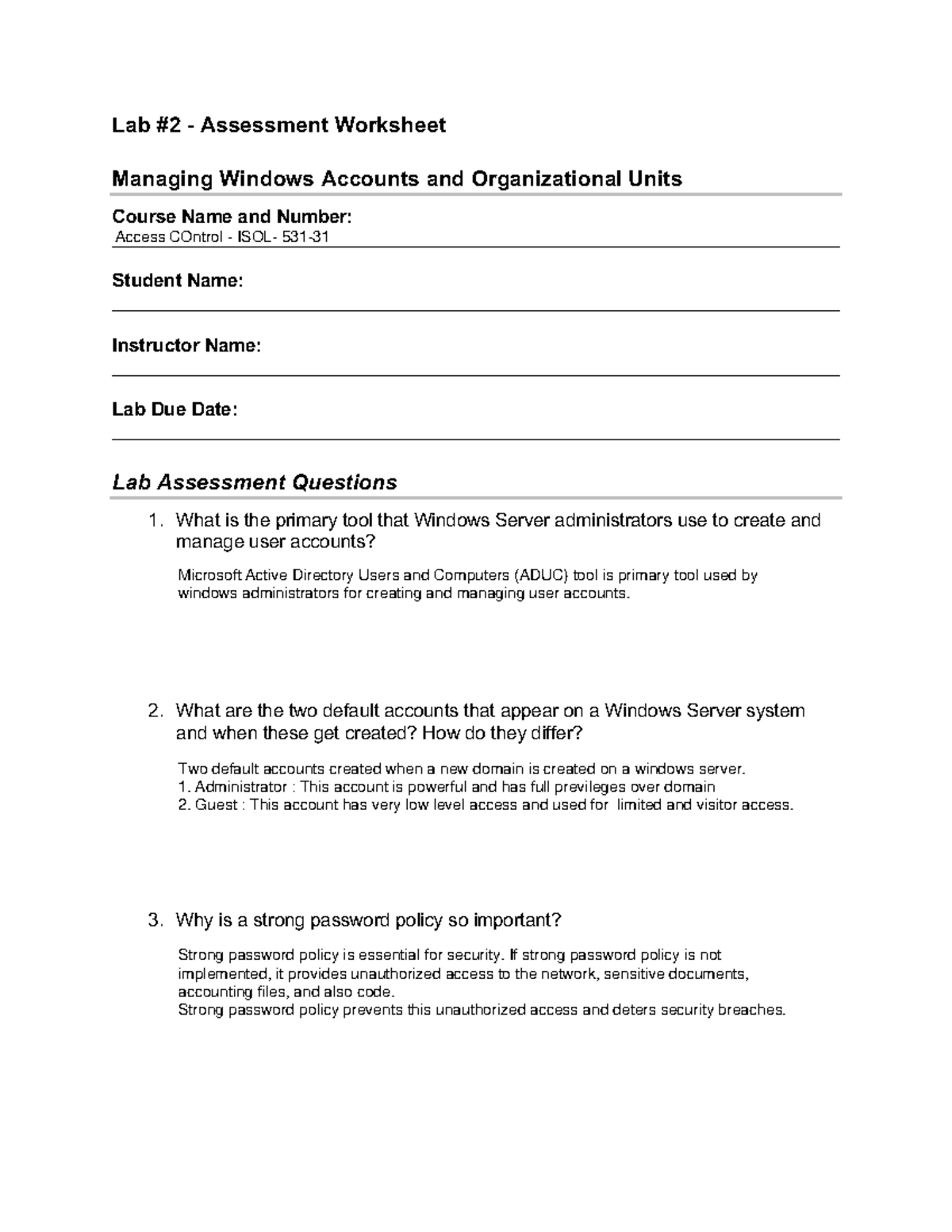 Lab2 Assesment Worksheet - What is the primary tool that Windows Server ...