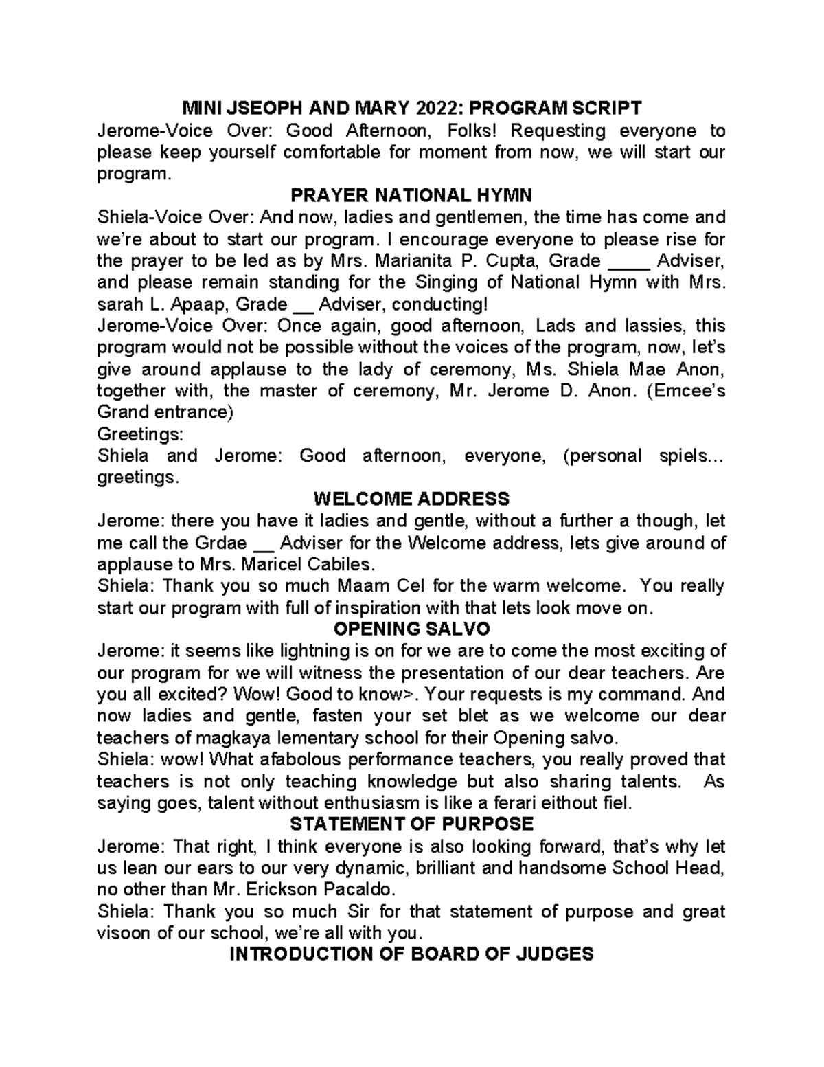 Mini joseph and mary 2022 - MINI JSEOPH AND MARY 2022: PROGRAM SCRIPT ...