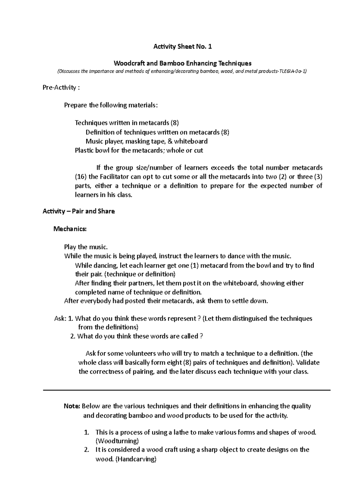 TLE-Activity Sheets IA (WEEK 1-5) - Activity Sheet No. 1 Woodcraft and ...