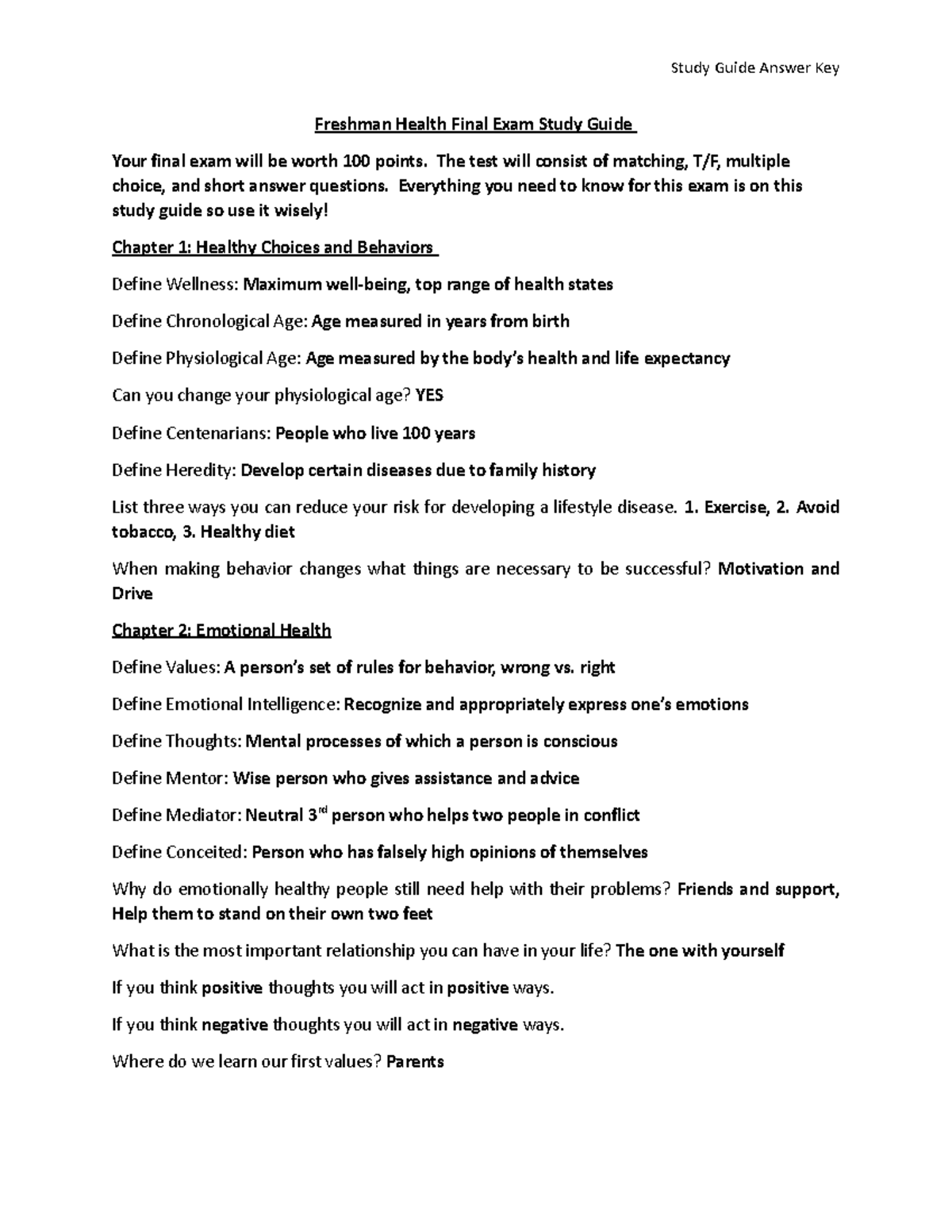 Final Exam Study Guide Answers - Freshman Health Final Exam Study Guide ...