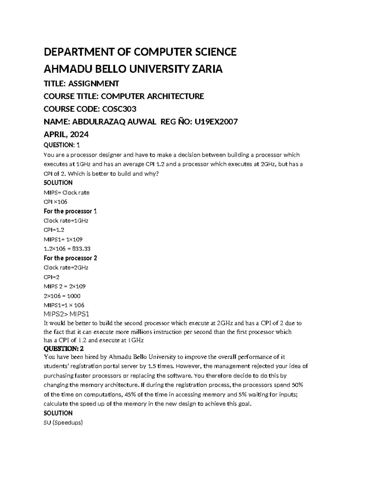 Solutions to Exercise - DEPARTMENT OF COMPUTER SCIENCE AHMADU BELLO ...