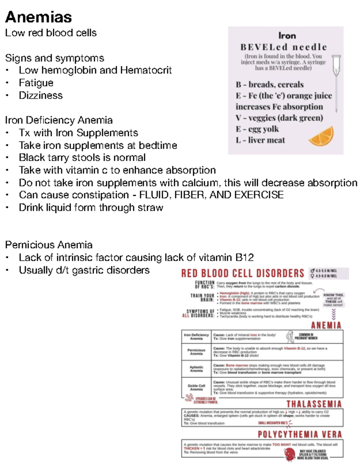 Exam 2 notes - Anemias Low red blood cells Signs and symptoms Low ...