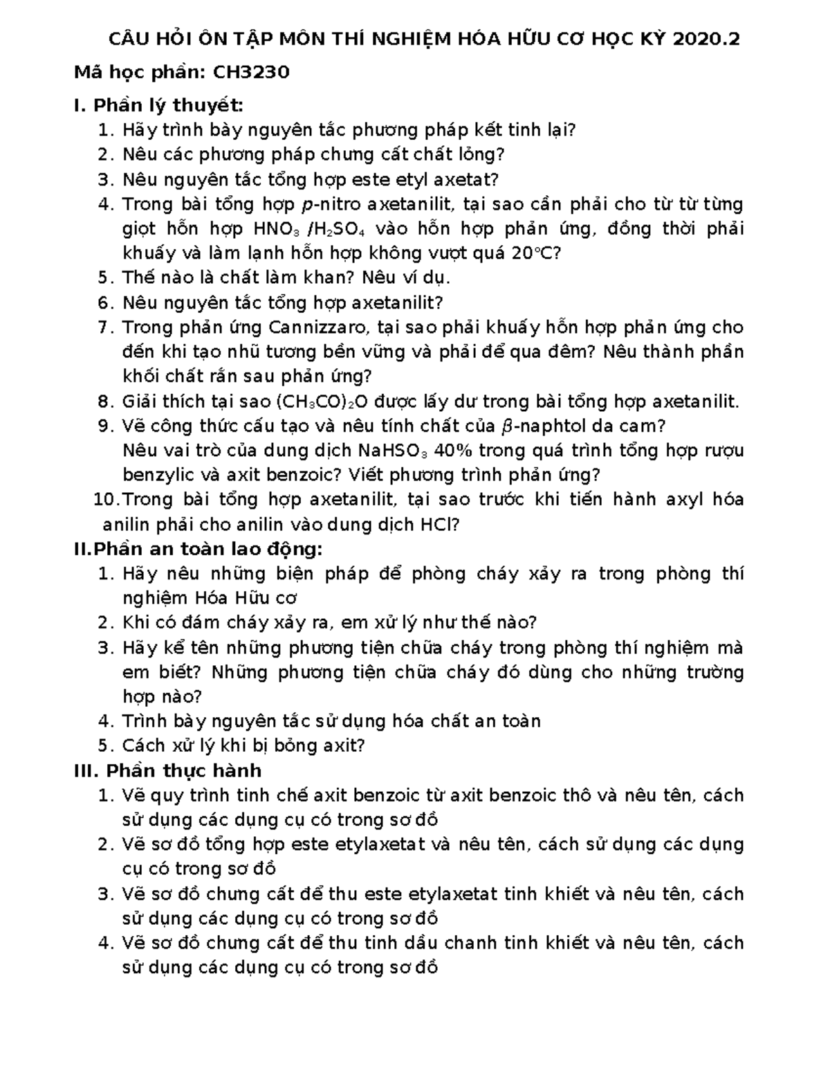 Cau hoi on tap TN HHC 20202 - CÂU HỎI ÔN TẬP MÔN THÍ NGHIỆM HÓA HỮU CƠ HỌC KỲ 2020. Mã học - Studocu