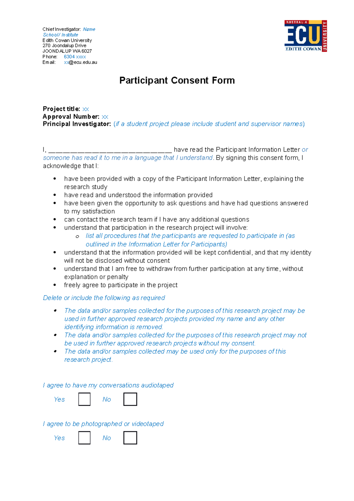 Template Participant Consent Form - Chief Investigator: Name School ...