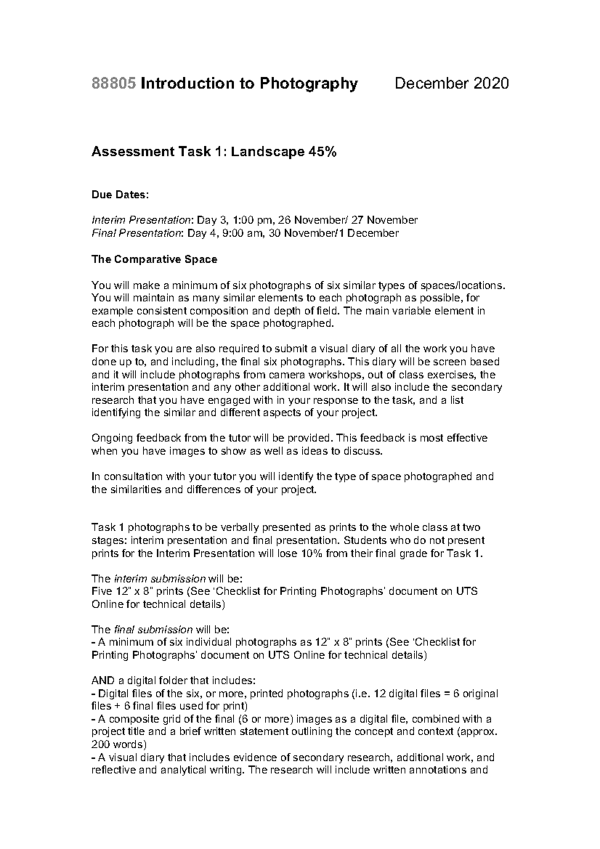 Assessment task 1 - 88805 Introduction to Photography December 20 20 ...