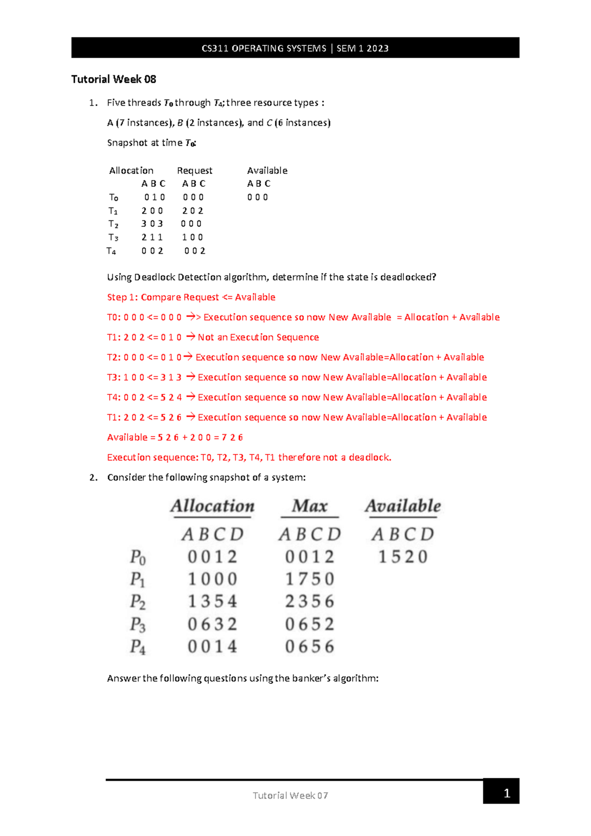 Tutorial Week 08 Solution - Tutorial Week 0 8 Five threads T 0 through T 4 ; three resource ...