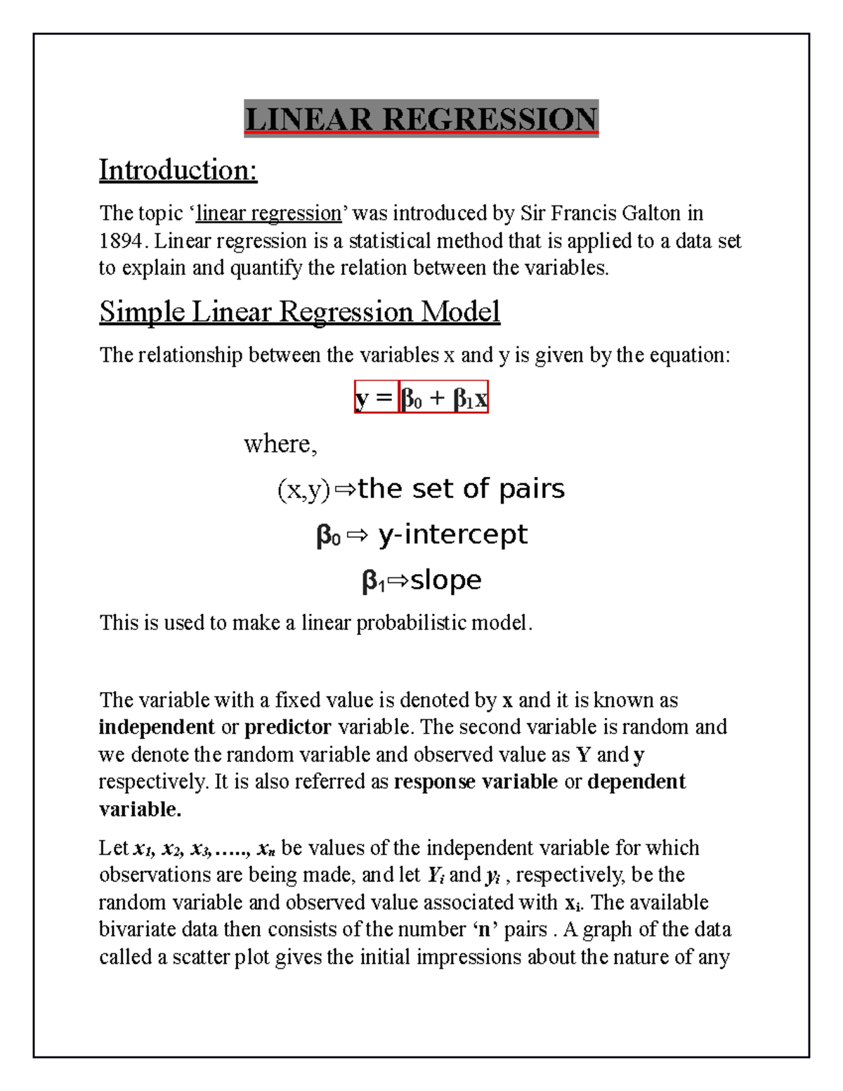 A - LINEAR REGRESSION Introduction: ####### The topic ‘linear ...