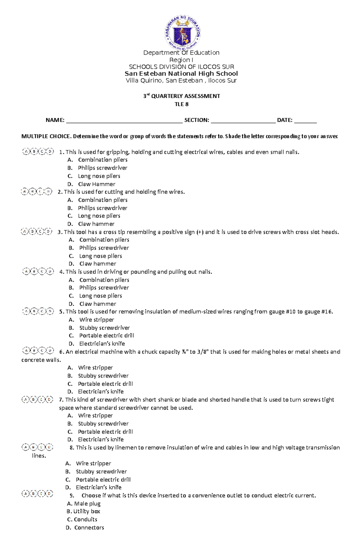 3rd Quarterly assessment in TLE8 - Department Of Education Region I ...