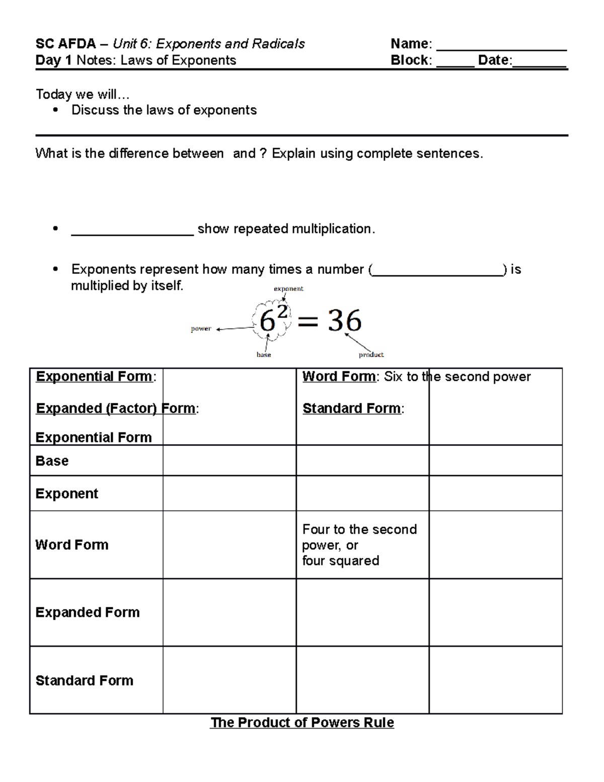 Day 1 Notes Laws of Exponents - .. Discuss the laws of exponents What ...