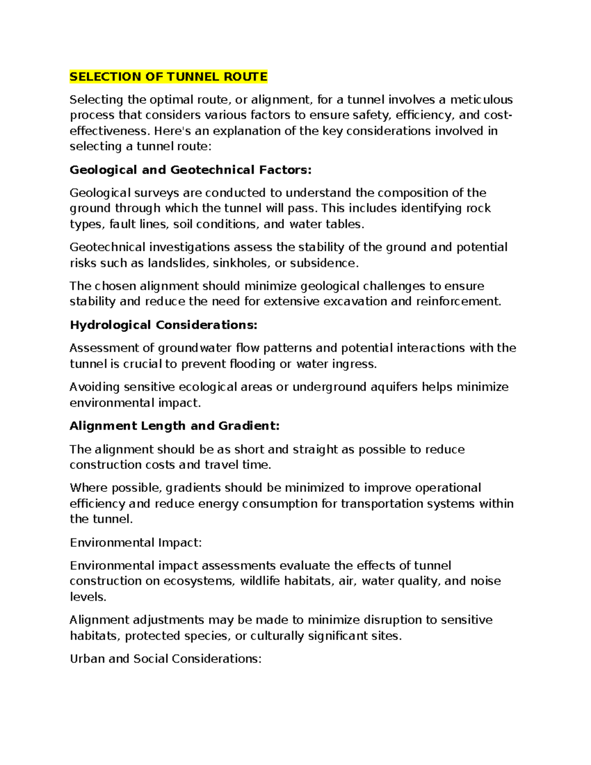 Tunnel And road cutting - SELECTION OF TUNNEL ROUTE Selecting the ...