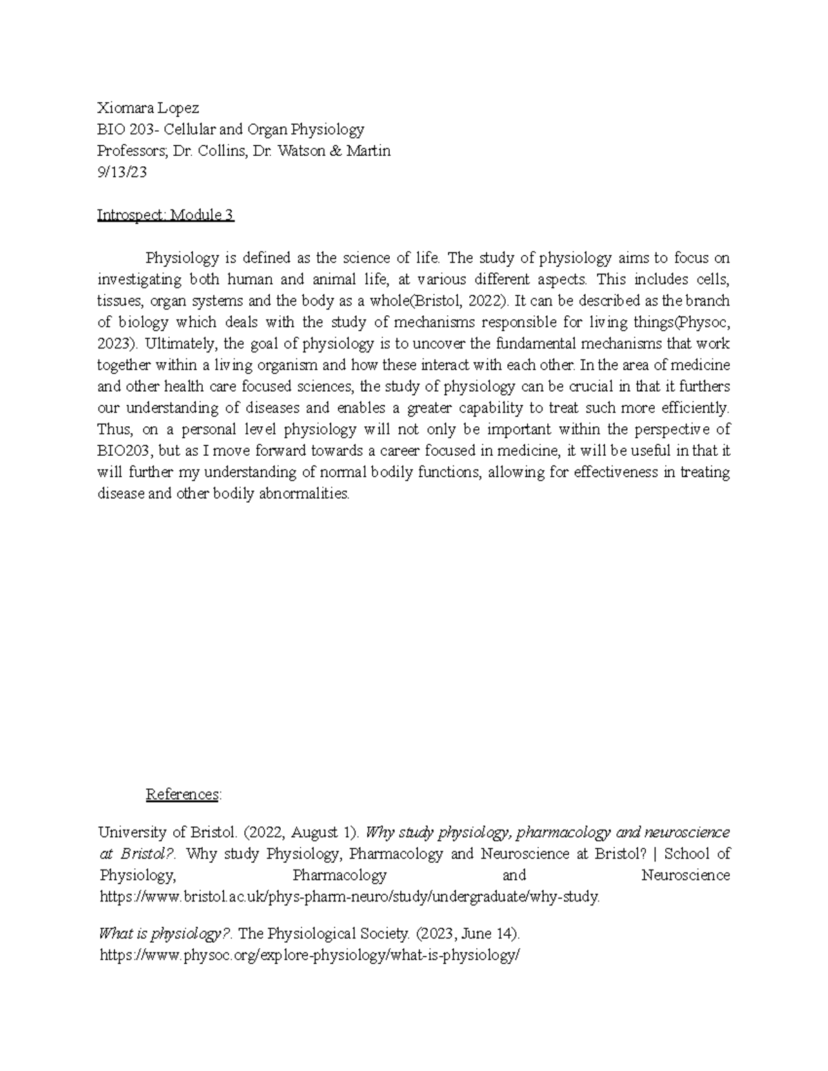 BIO 203- Module 3 Introspect - Xiomara Lopez BIO 203- Cellular and Organ Physiology Professors ...