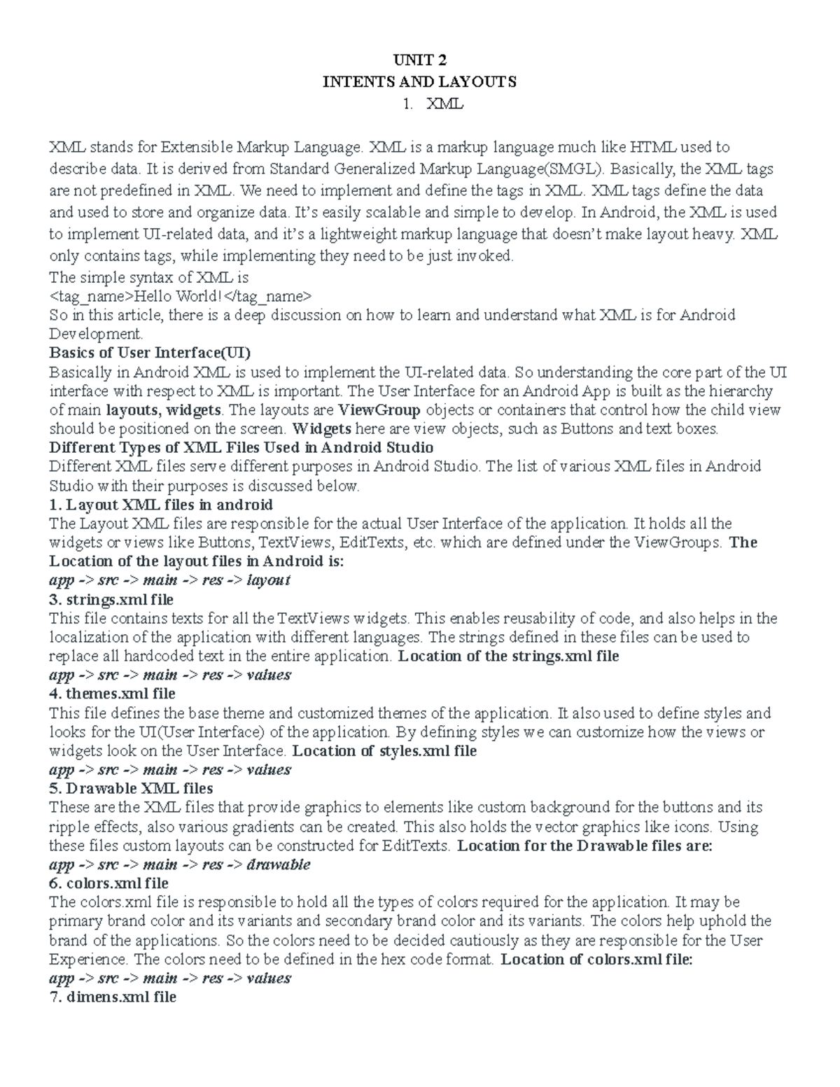 UNIT 2 MAD - UNIT 2 INTENTS AND LAYOUTS 1. XML XML stands for Extensible Markup Language. XML is ...