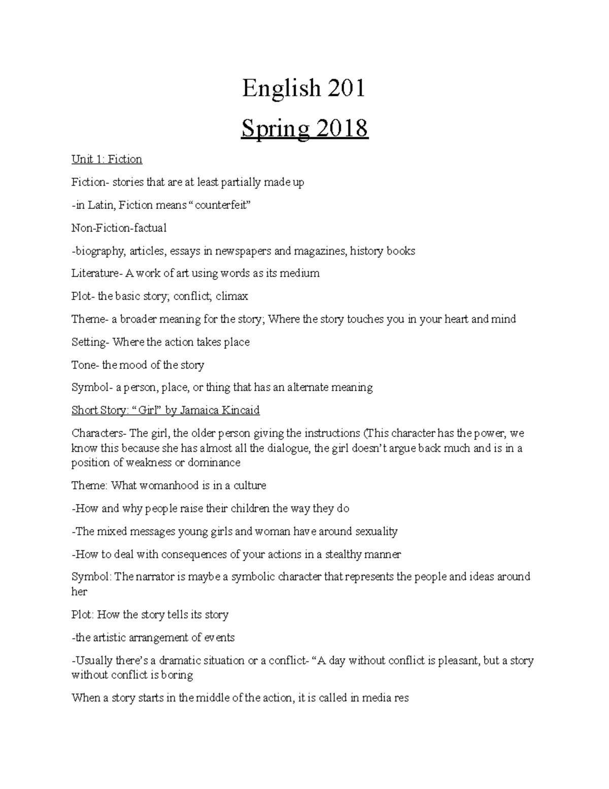 English 201 Notes - English 201 Spring 2018 Unit 1: Fiction Fiction ...
