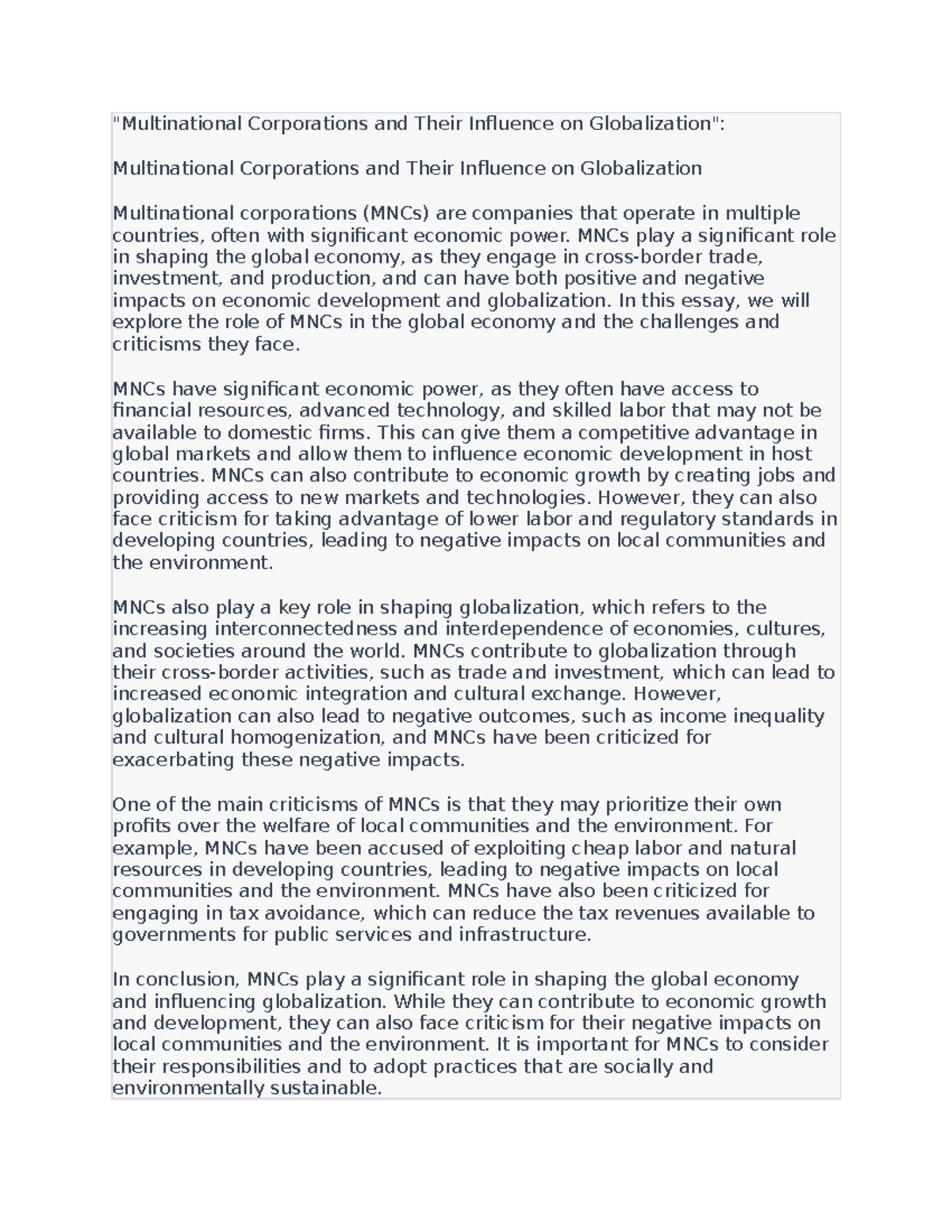 Multinational Corporations and Their Influence on Globalization ...