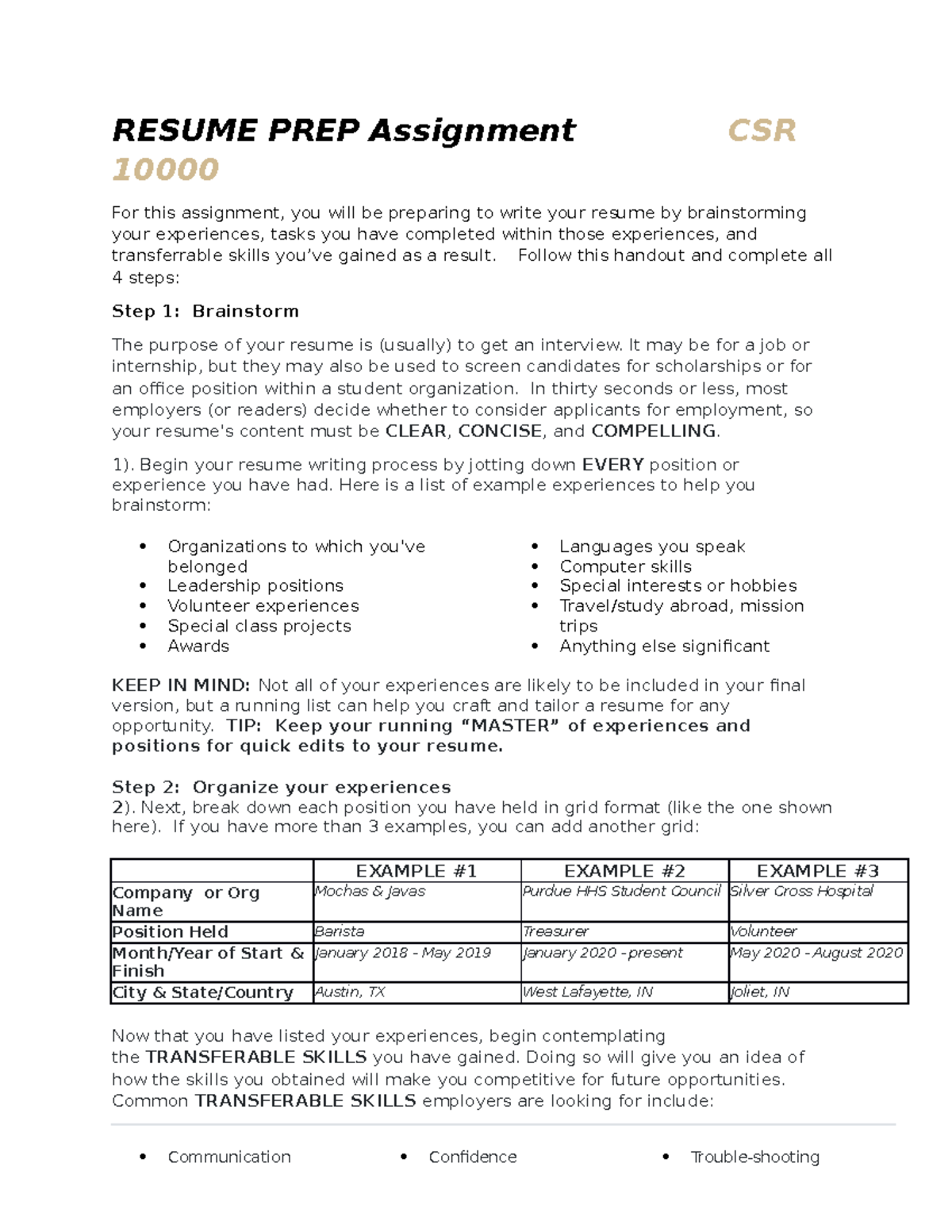 Resume Prep - RESUME PREP Assignment CSR 10000 For this assignment, you ...