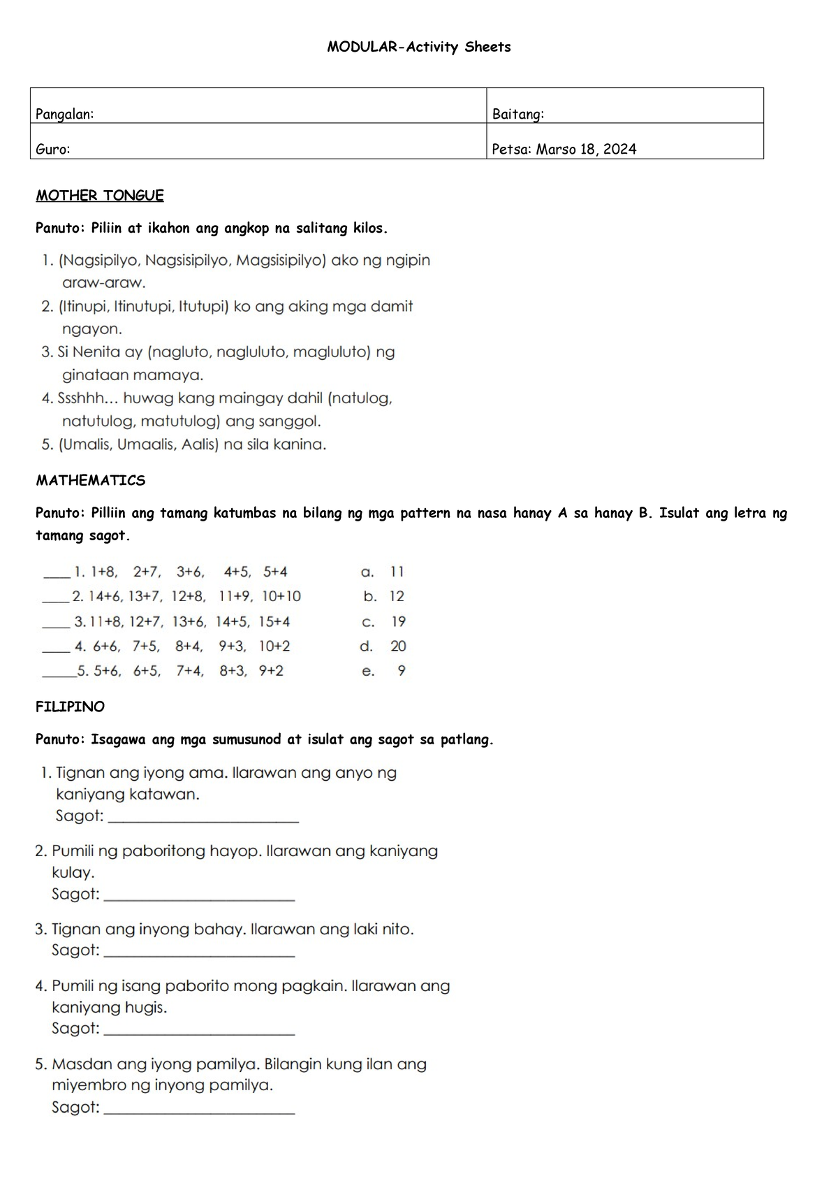 Modular Activity Sheets March 18 2024 - Basic Sciences - MODULAR-Activity Sheets MOTHER TONGUE ...