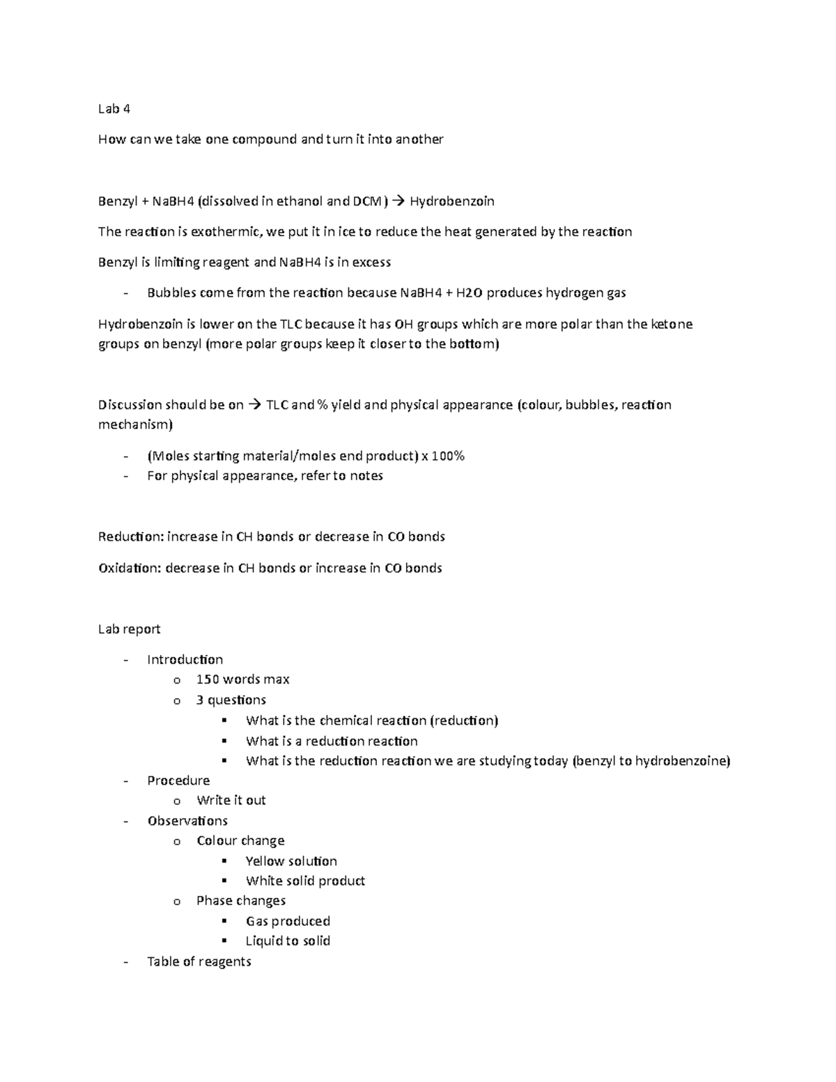 Lab 4 - Tutorial - Lab 4How can we take one compound and turn it into another Benzyl + NaBH4 ...